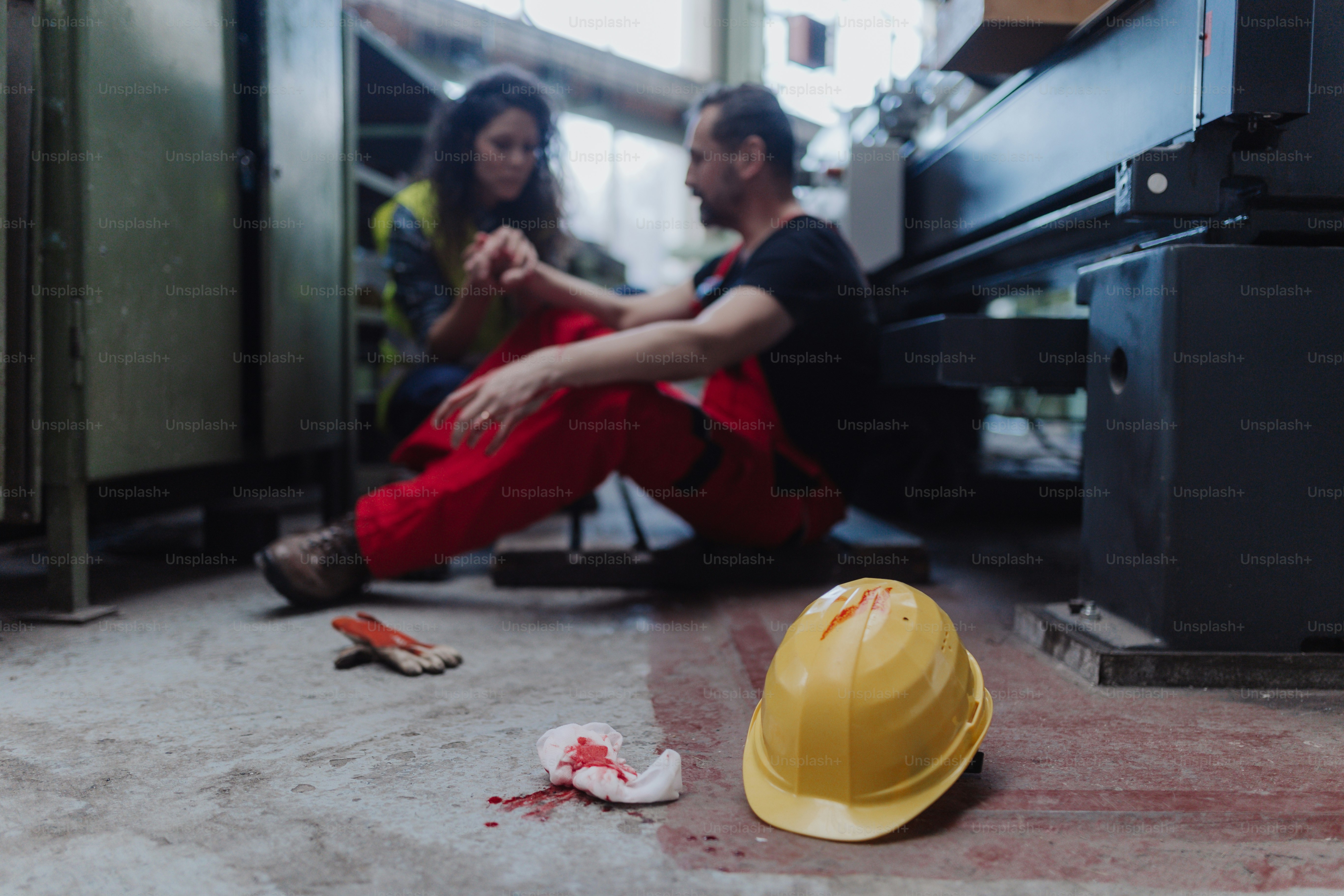 A woman is helping her colleague after accident in factory. First aid ...