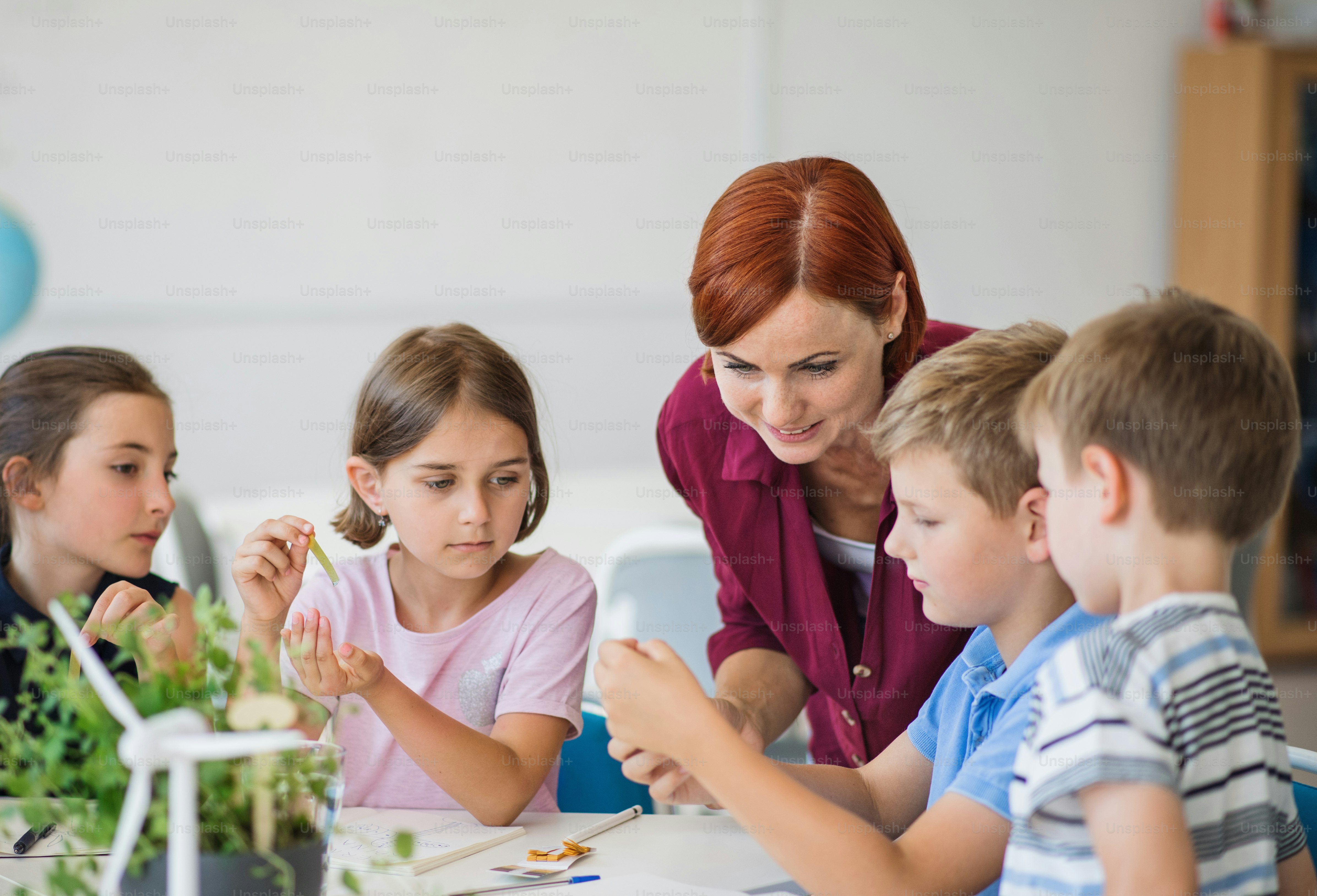 A top view of group of small school kids with teacher sitting on the ...
