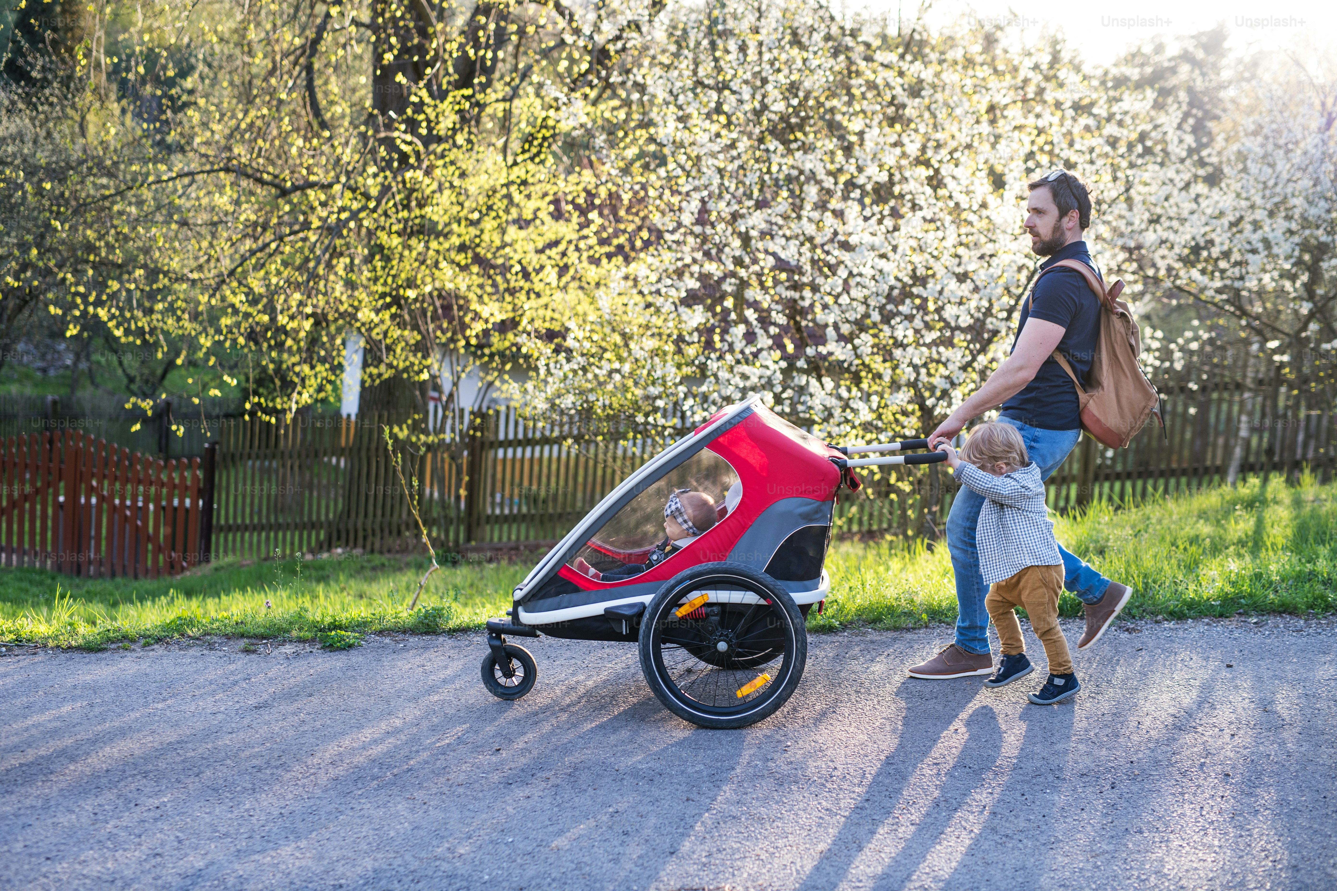 A father with two toddler children sitting in jogging stroller on a ...