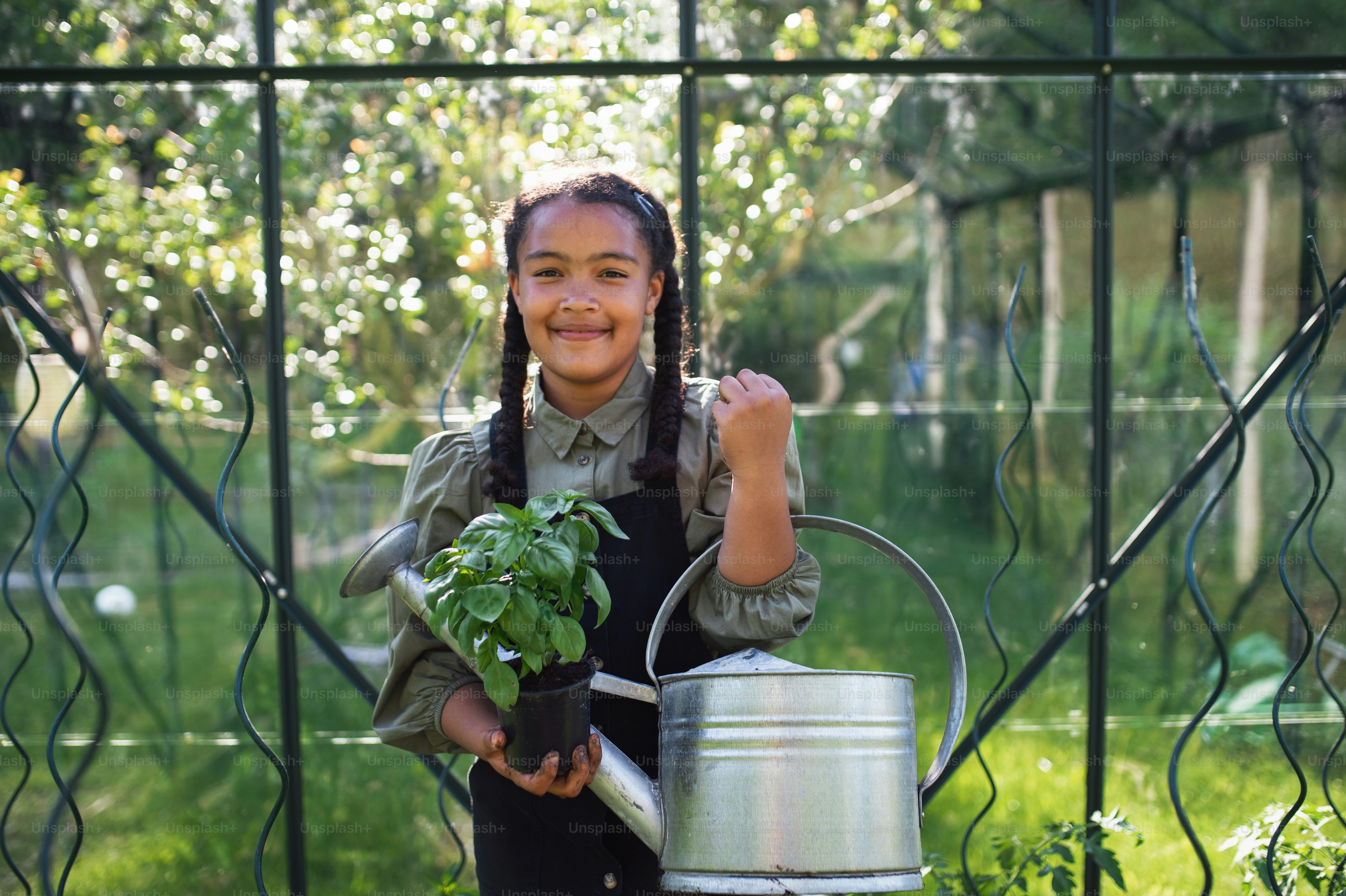 A happy small girl gardening in greenhouse outdoors in backyard ...