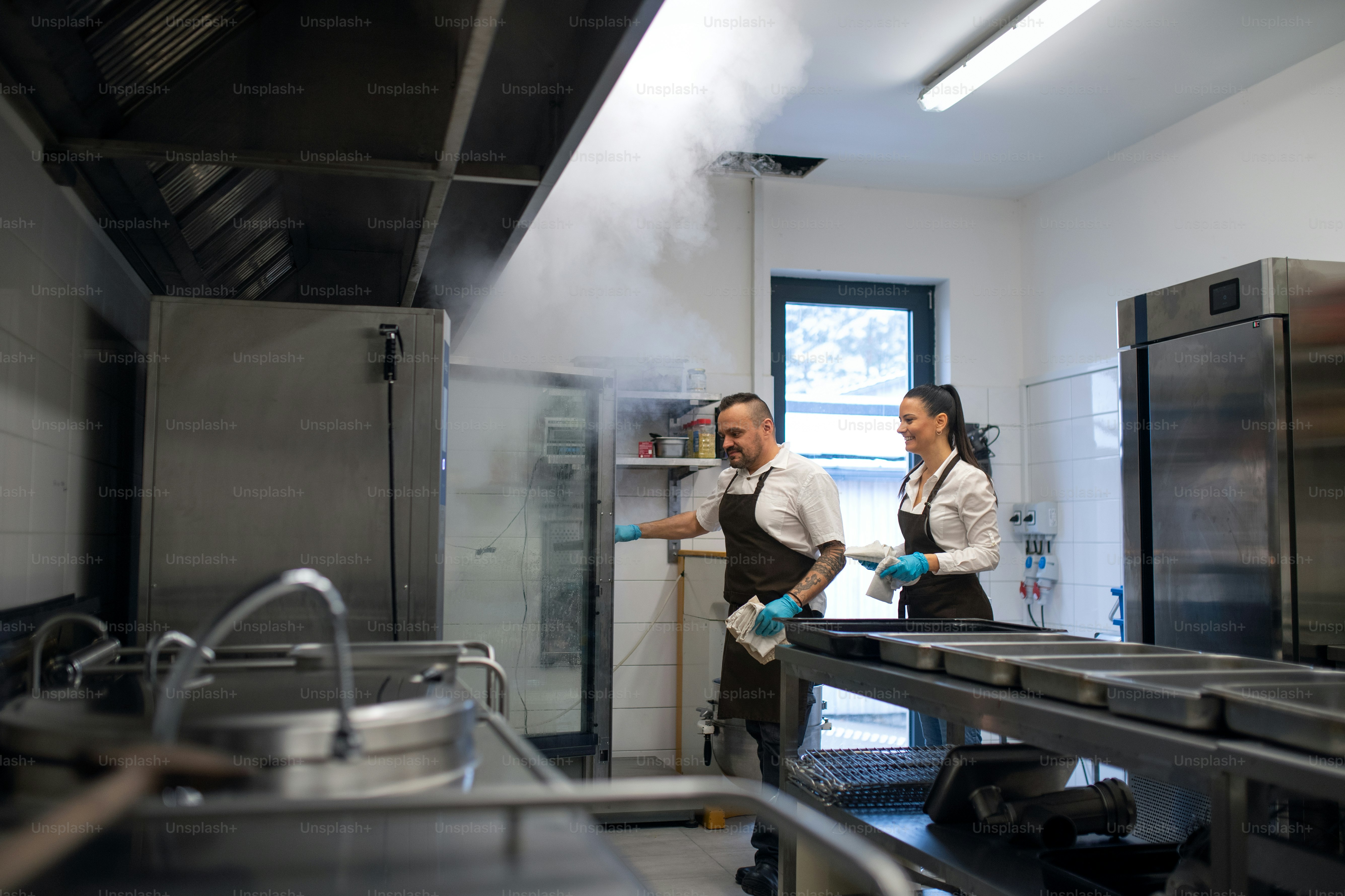 A chef and cook working on their dishes indoors in restaurant kitchen ...