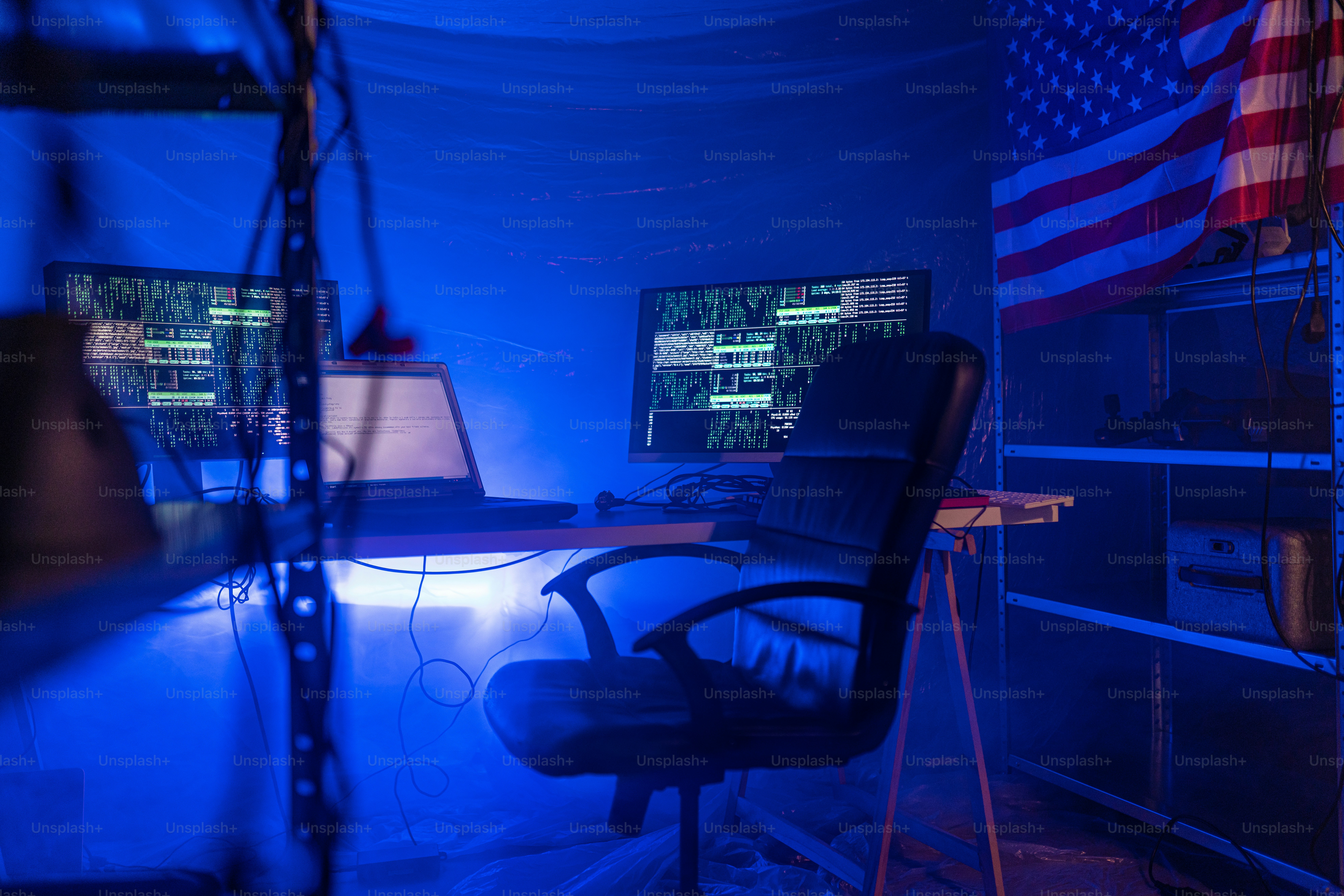 An internet hacker workplace in dark office, cyberwar concept. photo ...