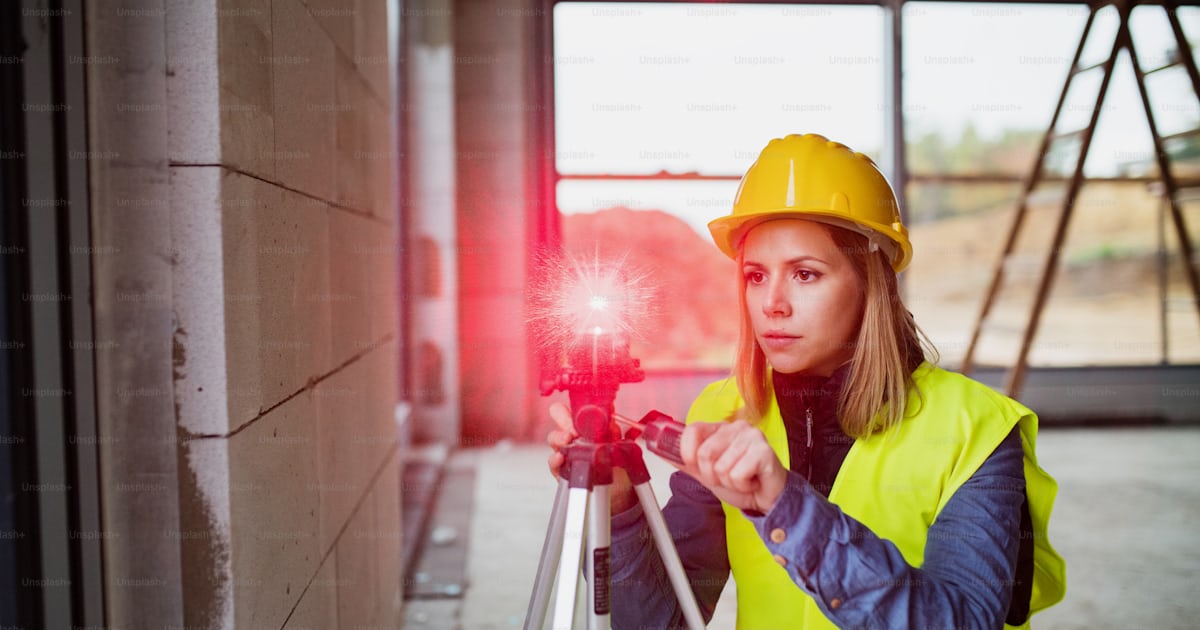 建設現場の女性作業員。ラインレーザーレベルの美しい若い女性。住宅建設。の写真 衣類 Unsplashの写真