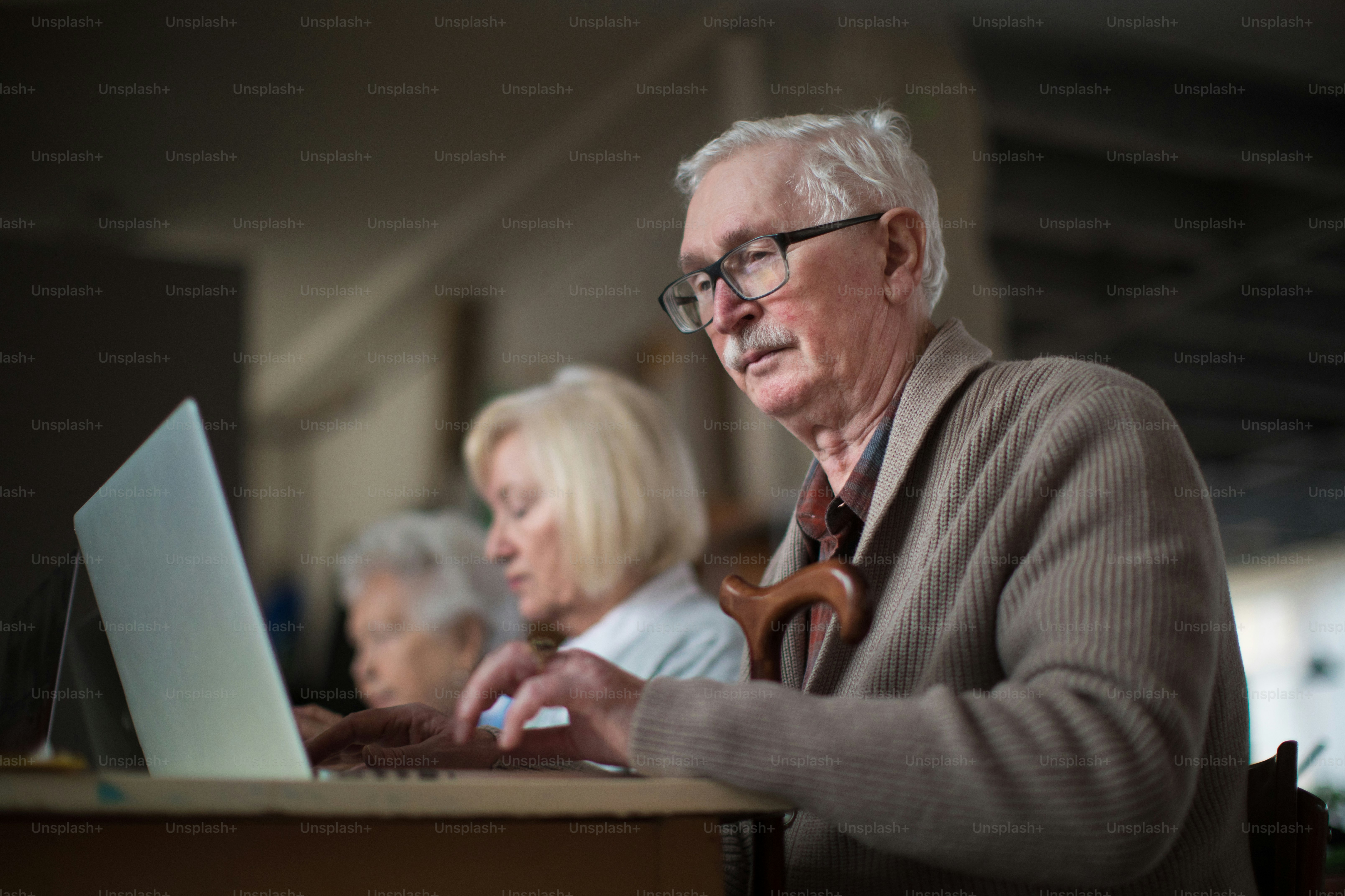 A senior group in retirement home learning together in computer class ...