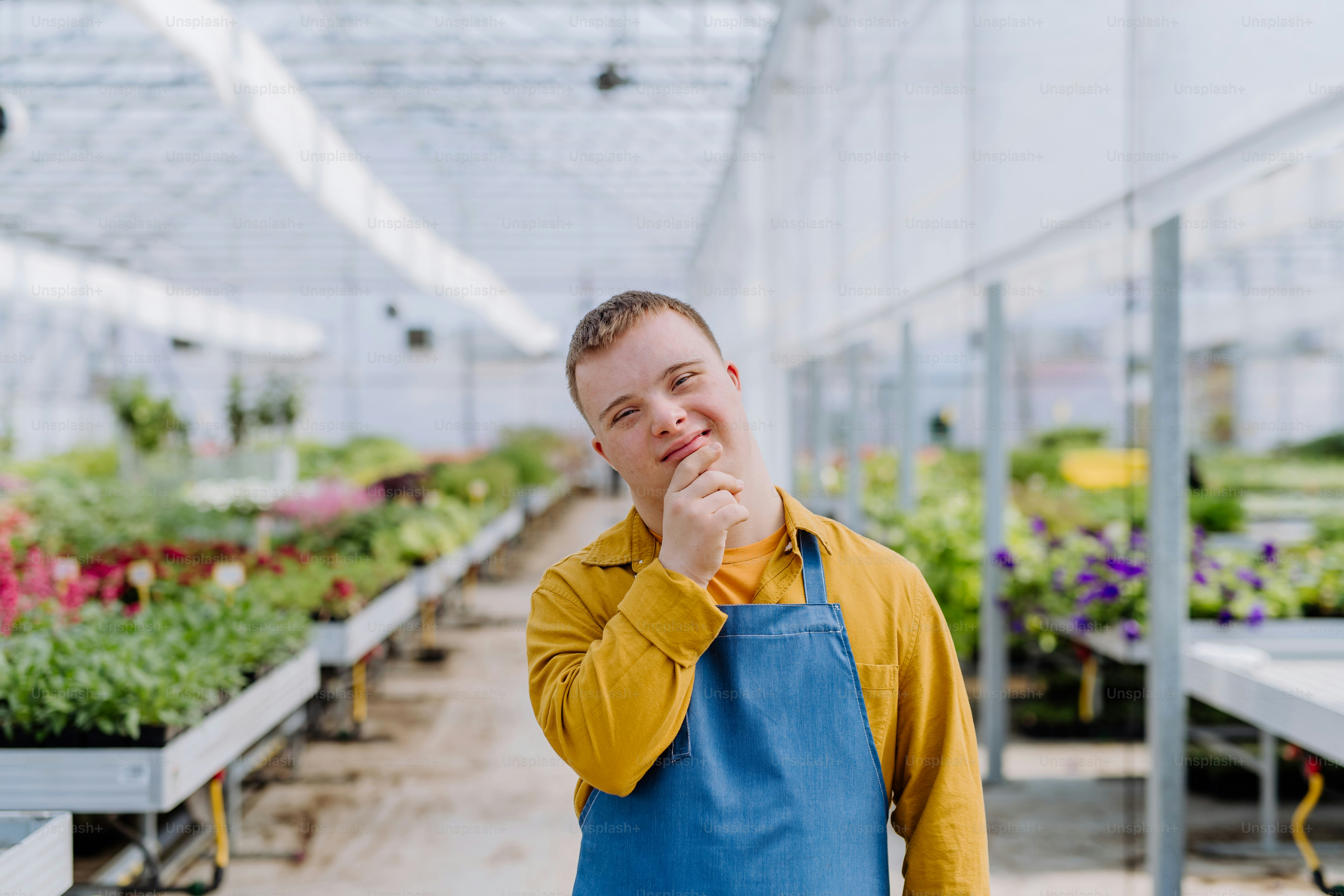 A young employee with Down syndrome working in garden centre, using ...