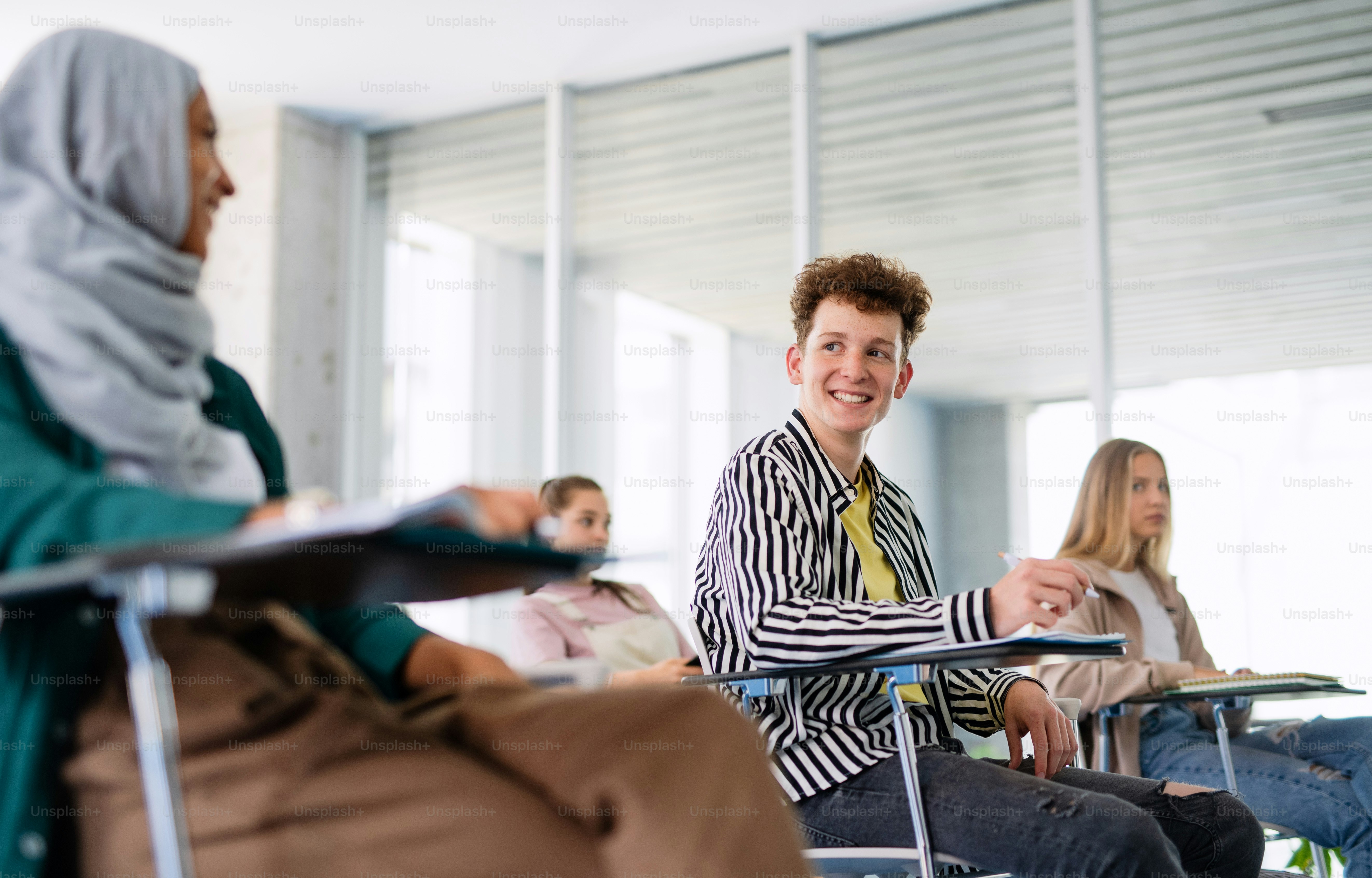 A portrait of university student sitting in classroom indoors, studying ...