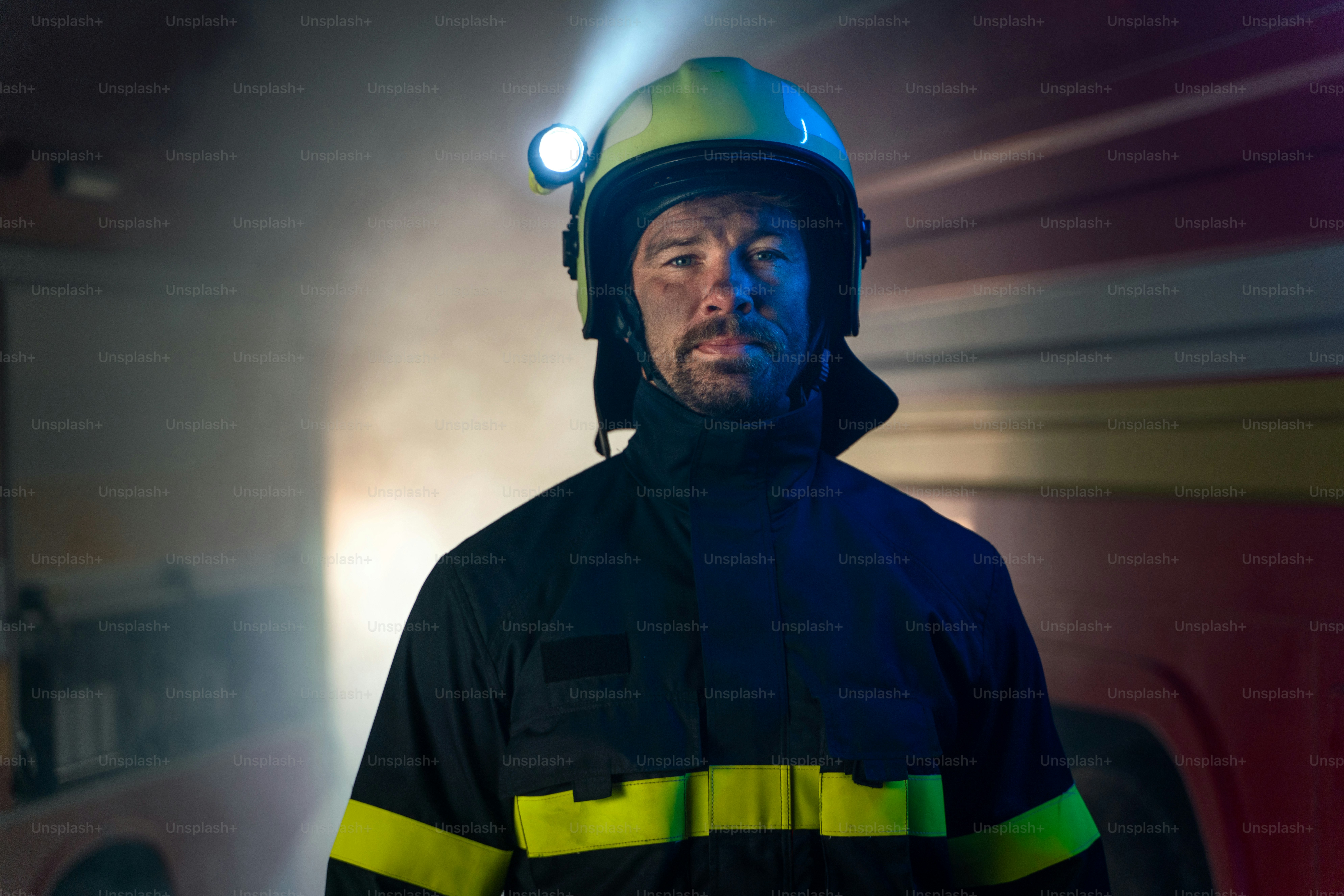 A close-up of firefighter with fire truck in background at night. photo ...