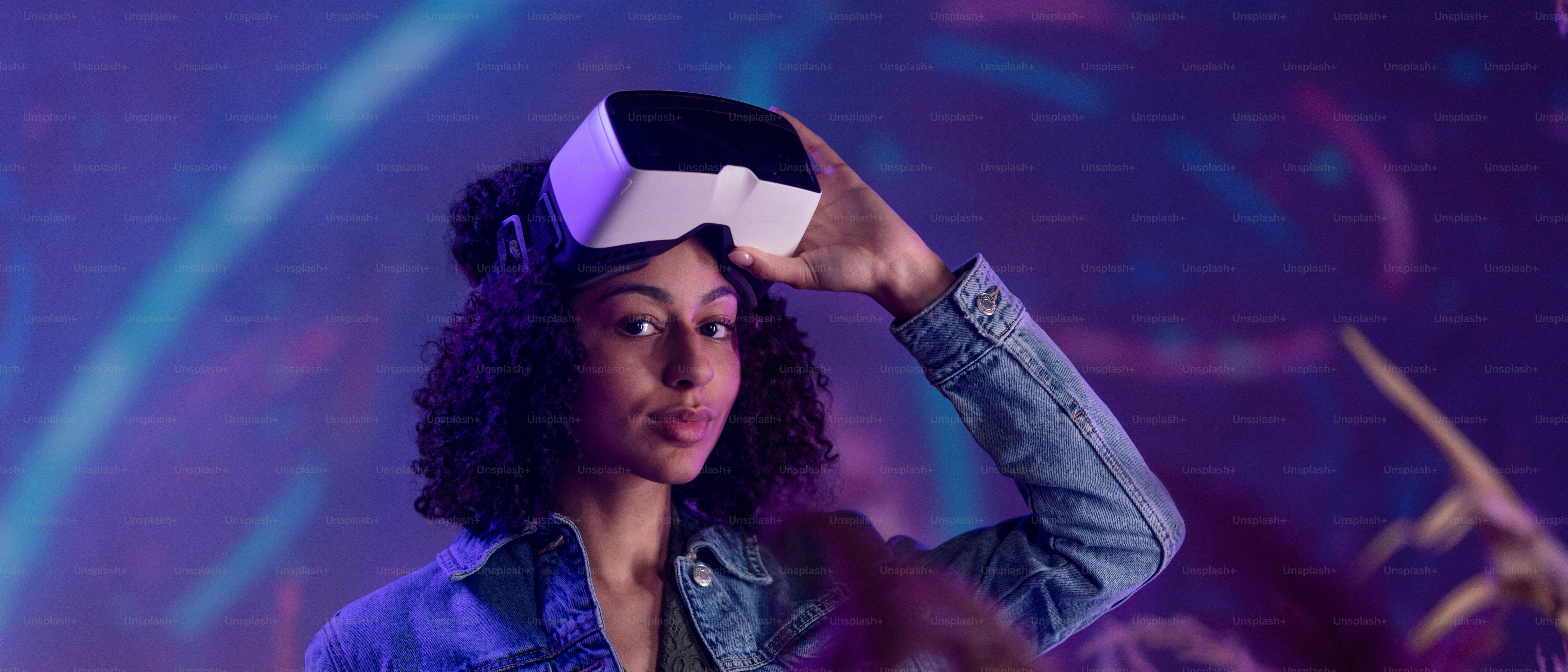 Metaverse digital cyber world technology, girl with virtual reality VR ...