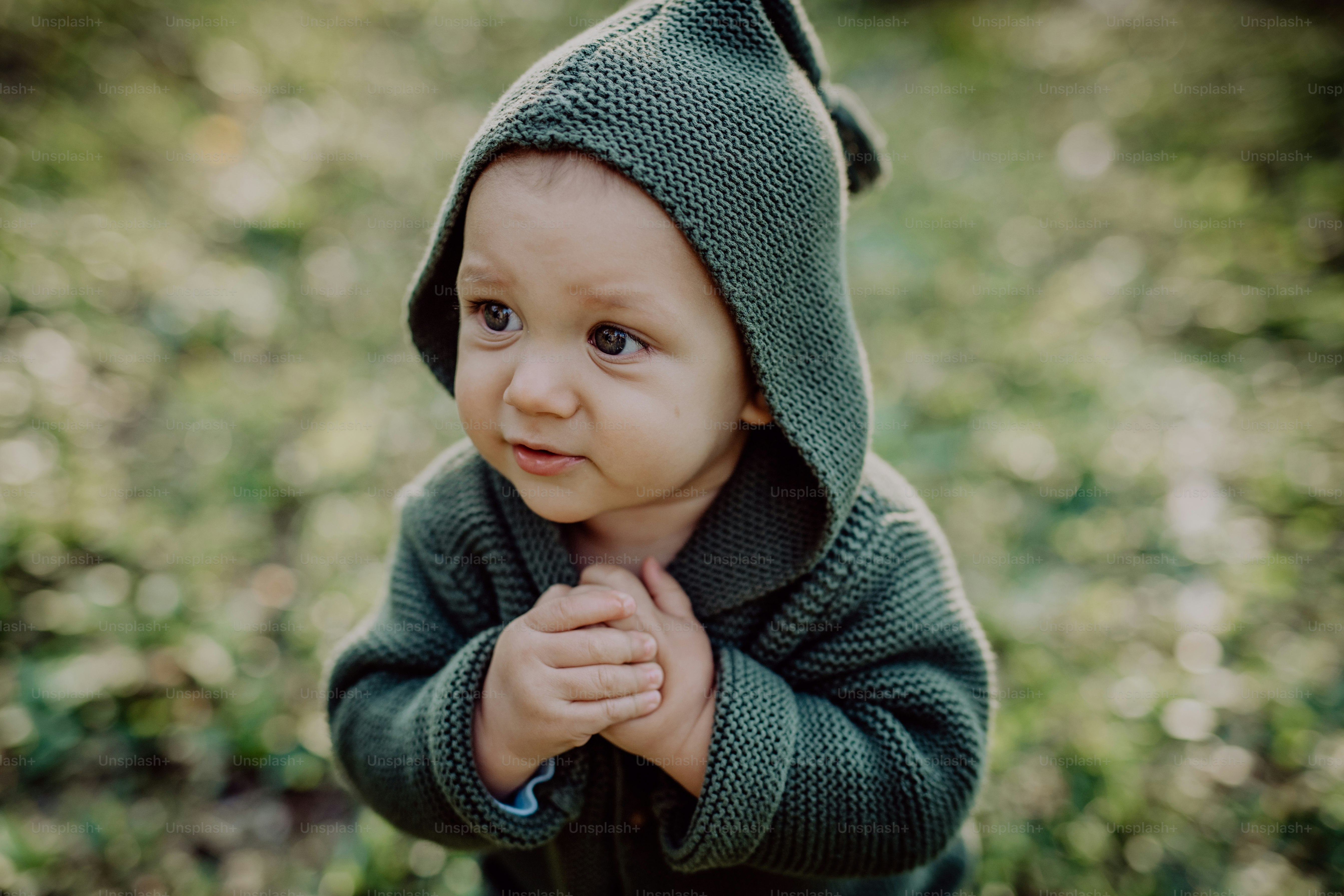 A portrait of cute little boy wearing knitted hoodie in nautre holding ...