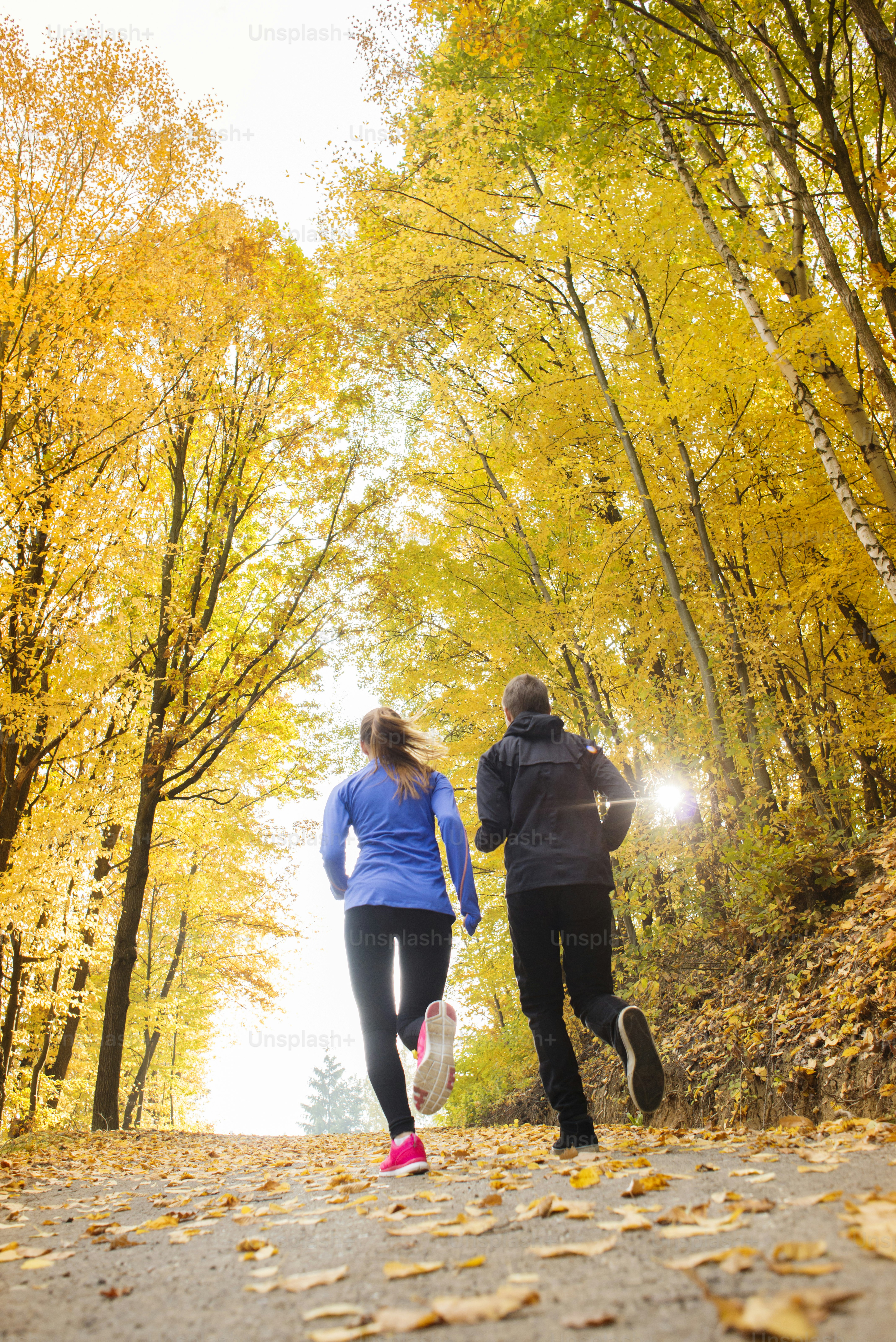 Young running couple jogging in autumn nature photo – Jogging Image on ...