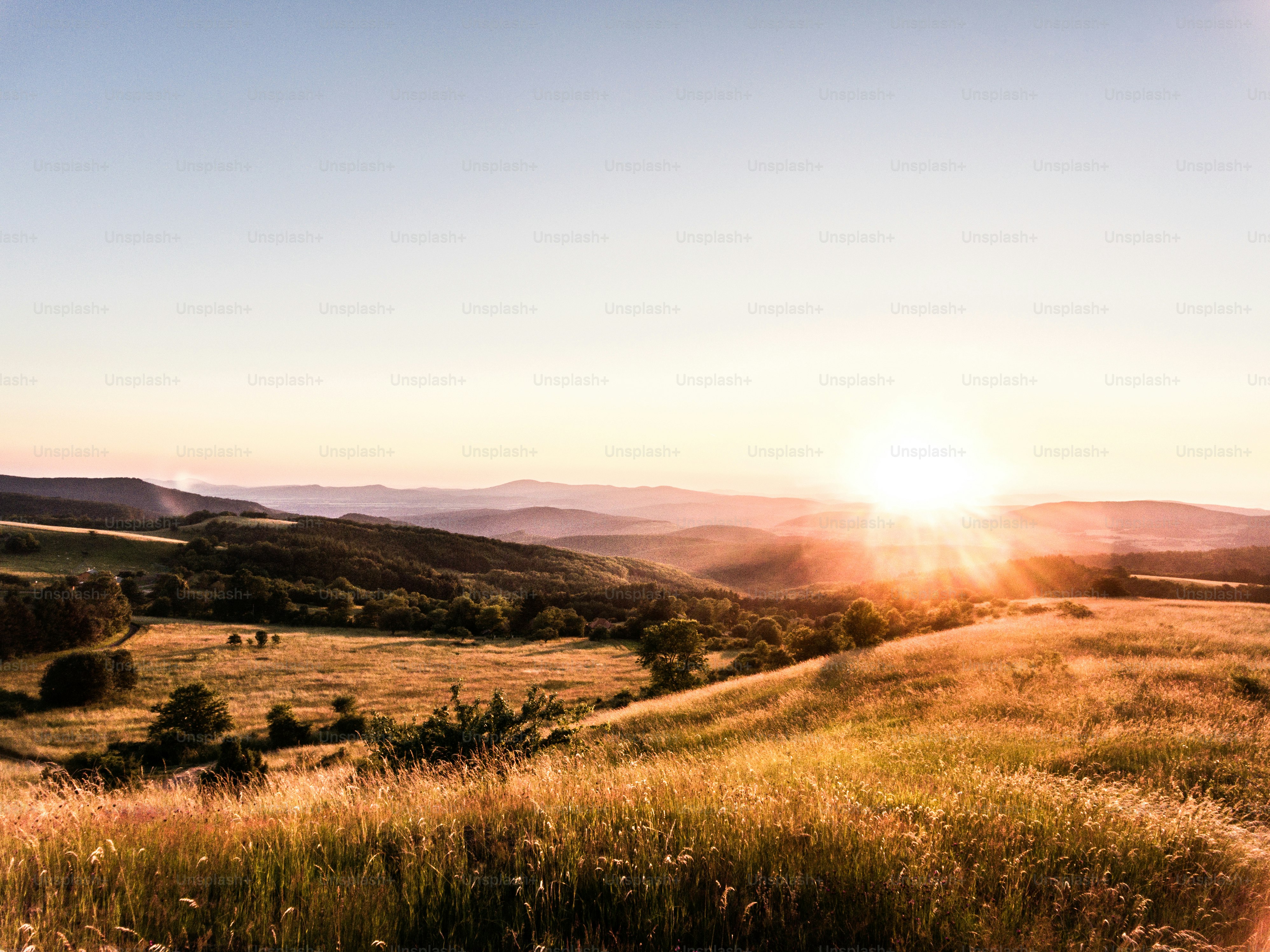 Aerial view of forest and grassland during sunset. Slovakia, Zvolen ...