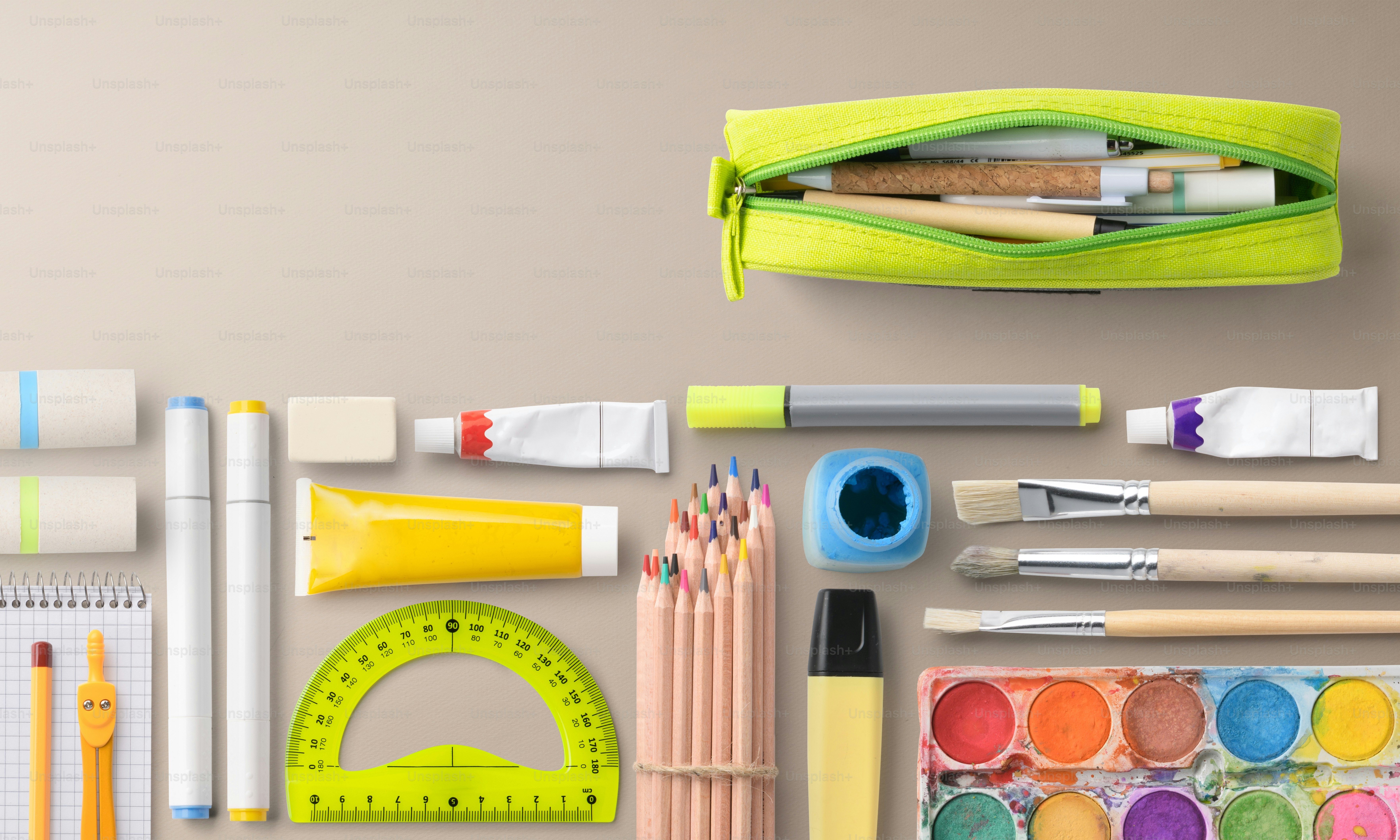 A flat lay top view of group of school supplies, back to school concept ...