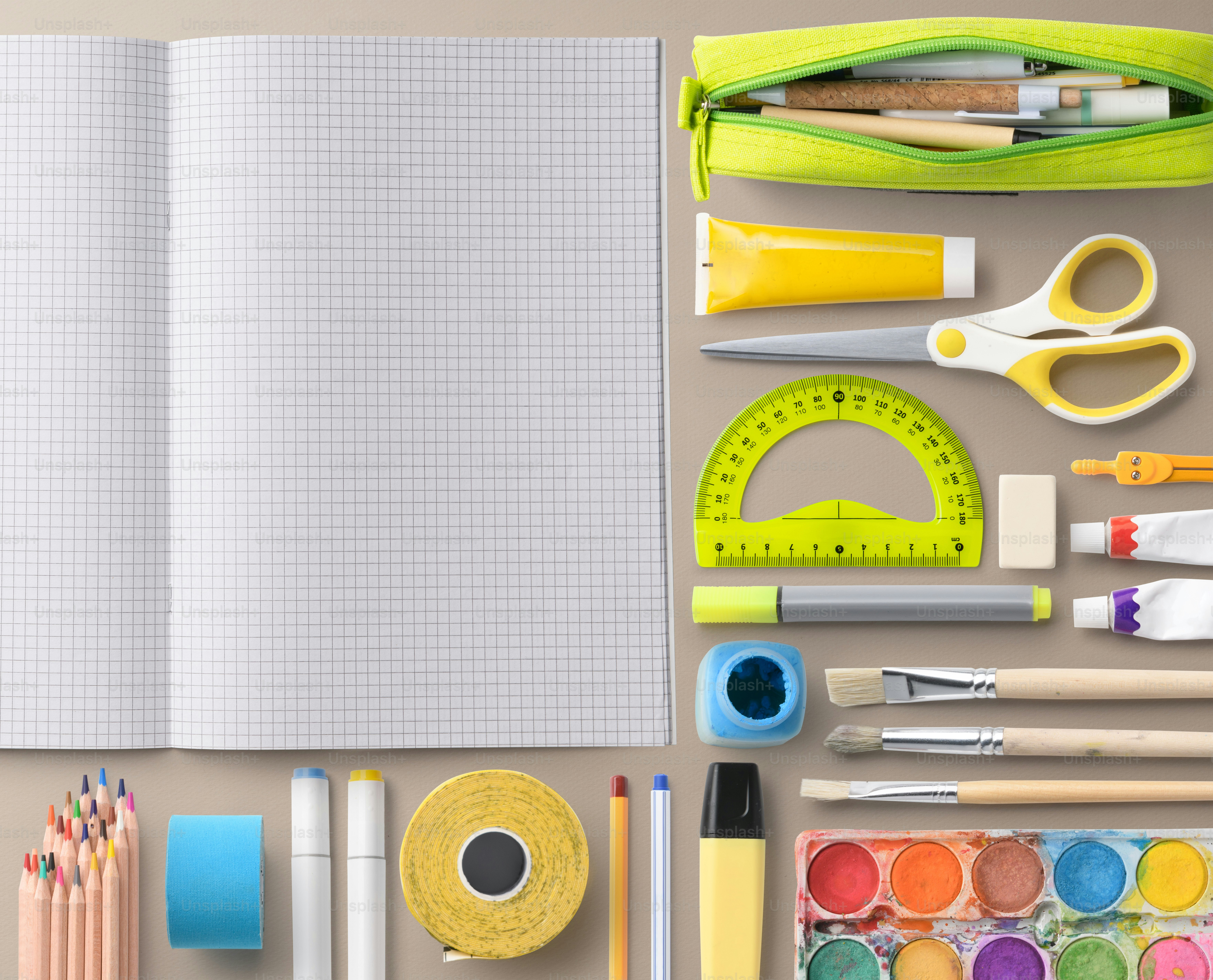 A flat lay top view of group of school supplies, back to school concept ...