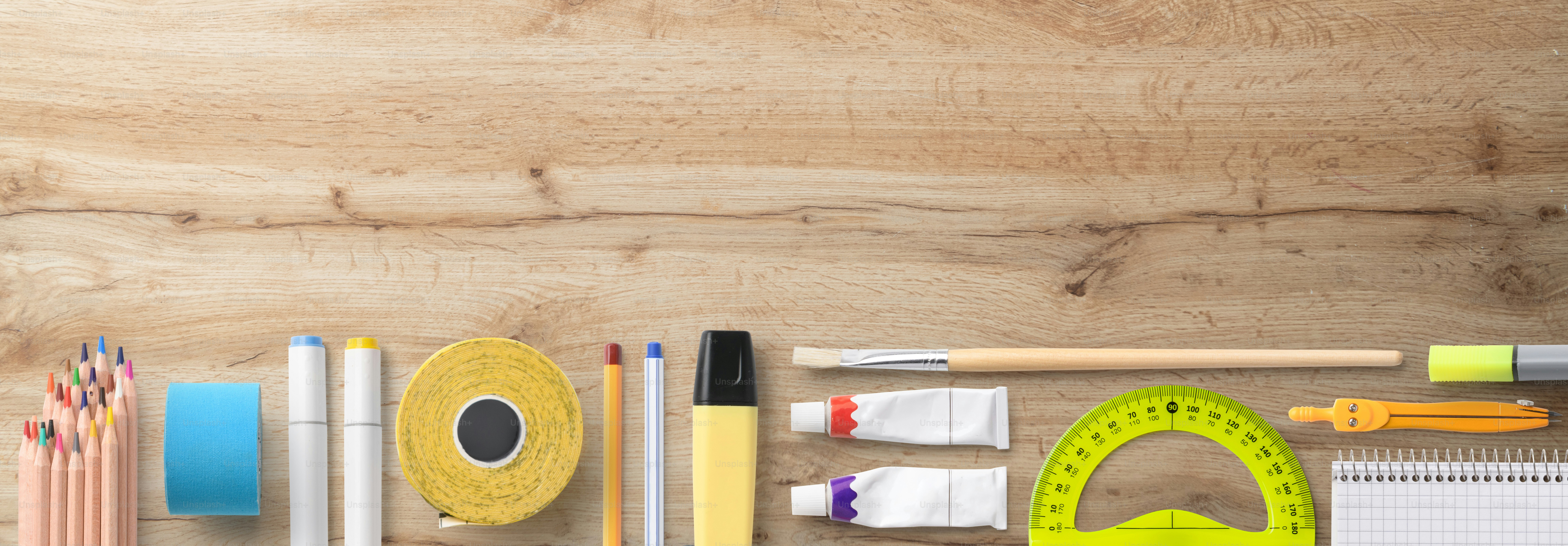 A flat lay top view of group of school supplies, back to school concept ...