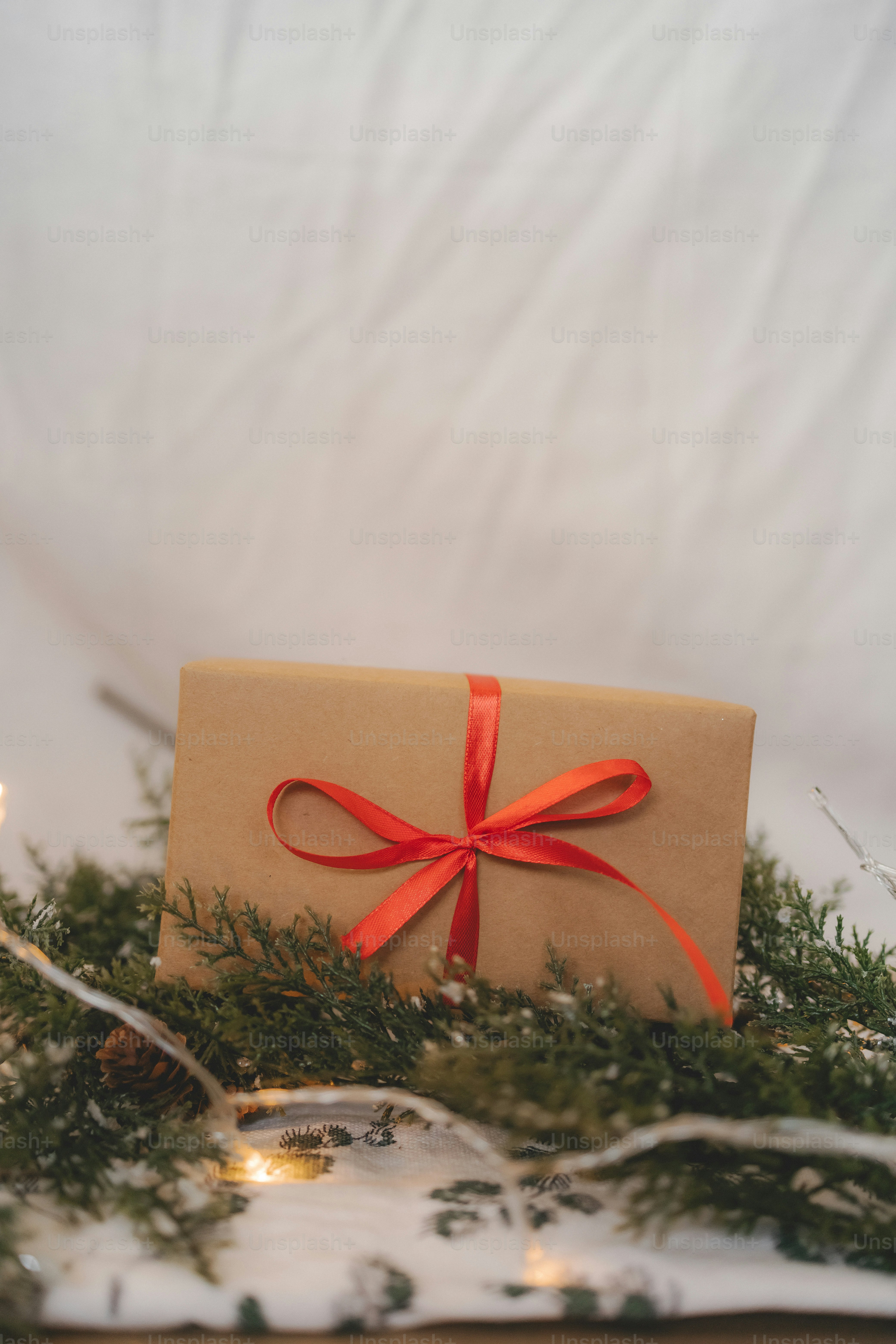 A present wrapped in brown paper with a red ribbon photo – Christmas ...
