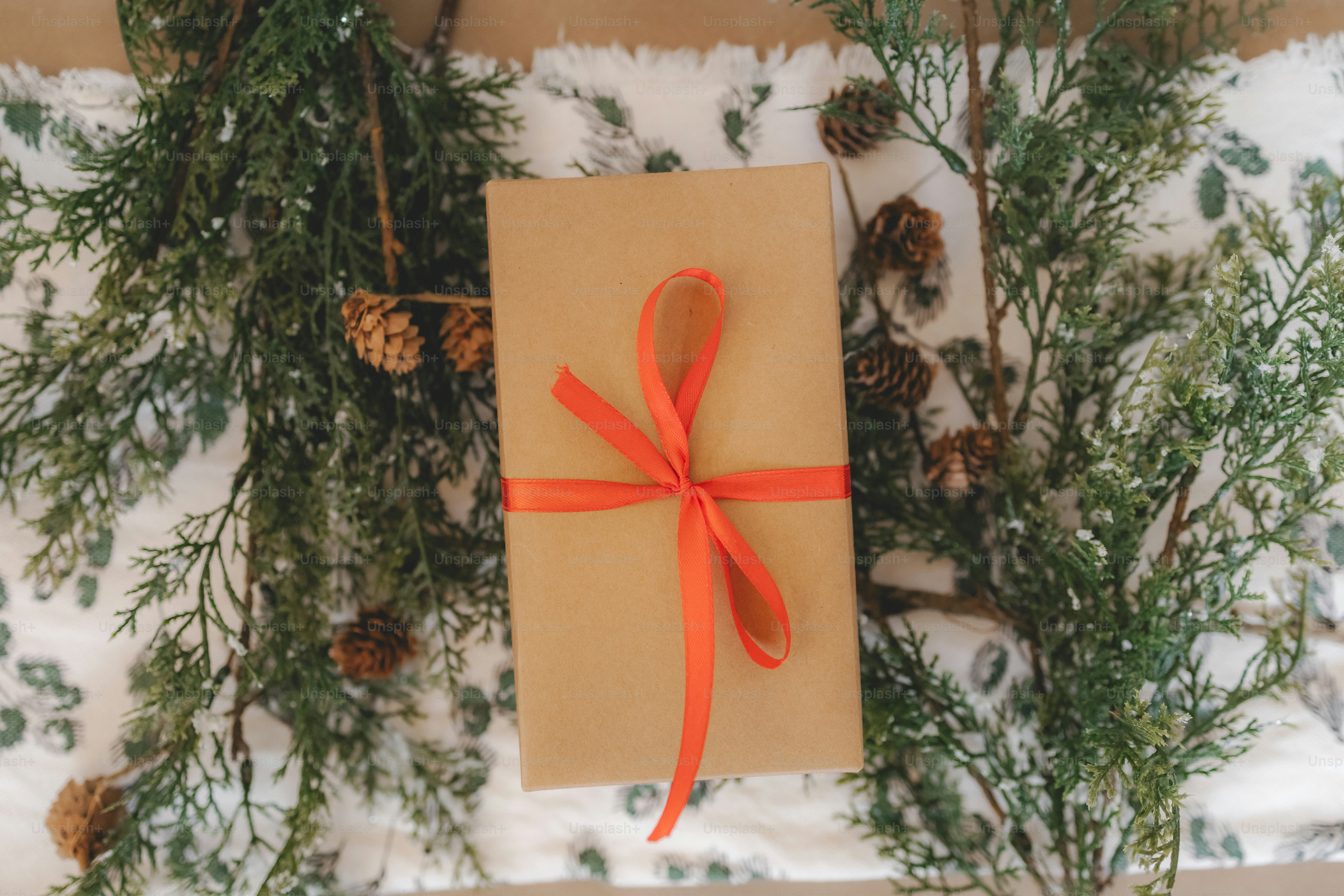 A present wrapped in brown paper with a red ribbon photo – Festive ...