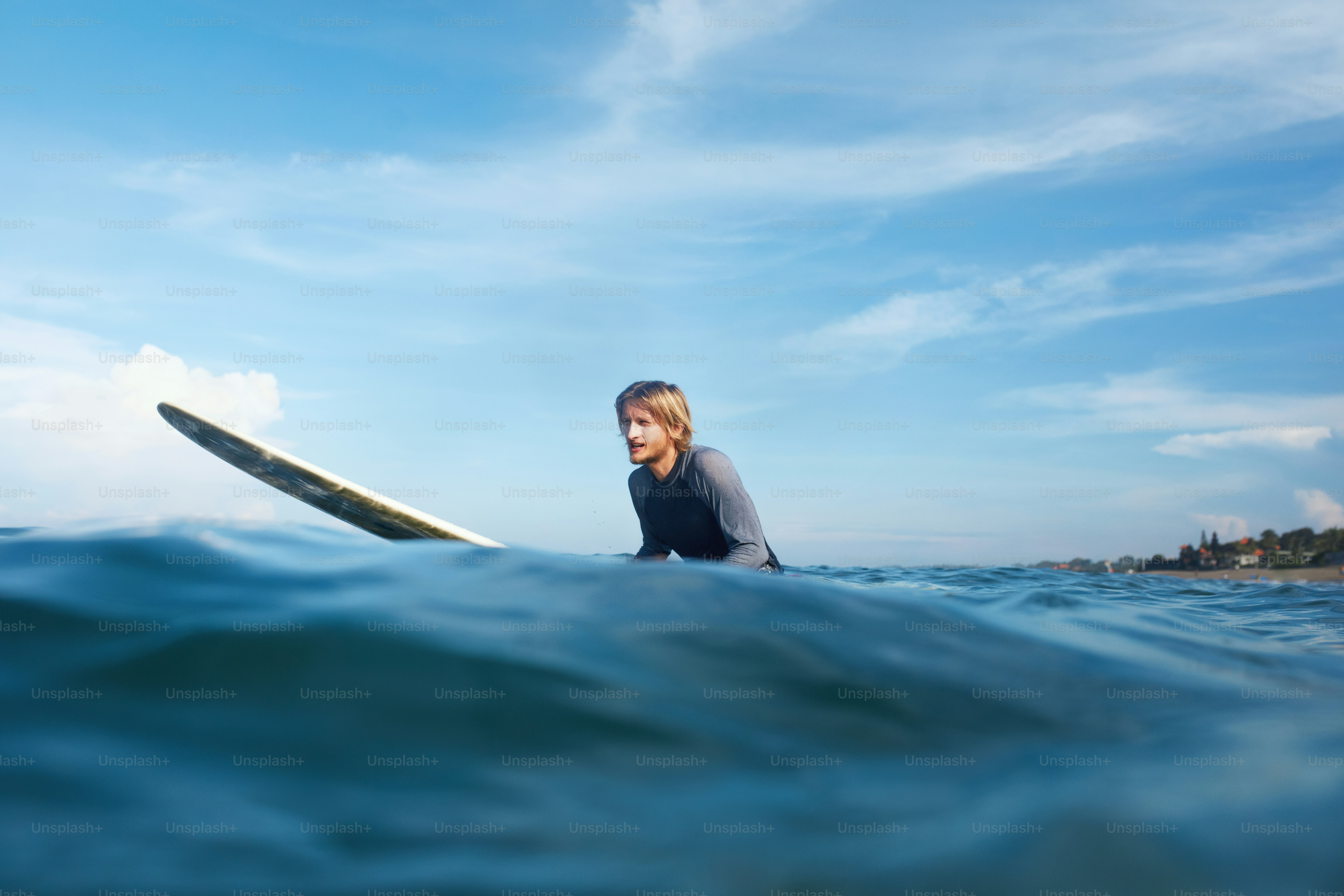 Surfer. Surfing Man On Surfboard Portrait. Guy In Wetsuit Swimming In ...