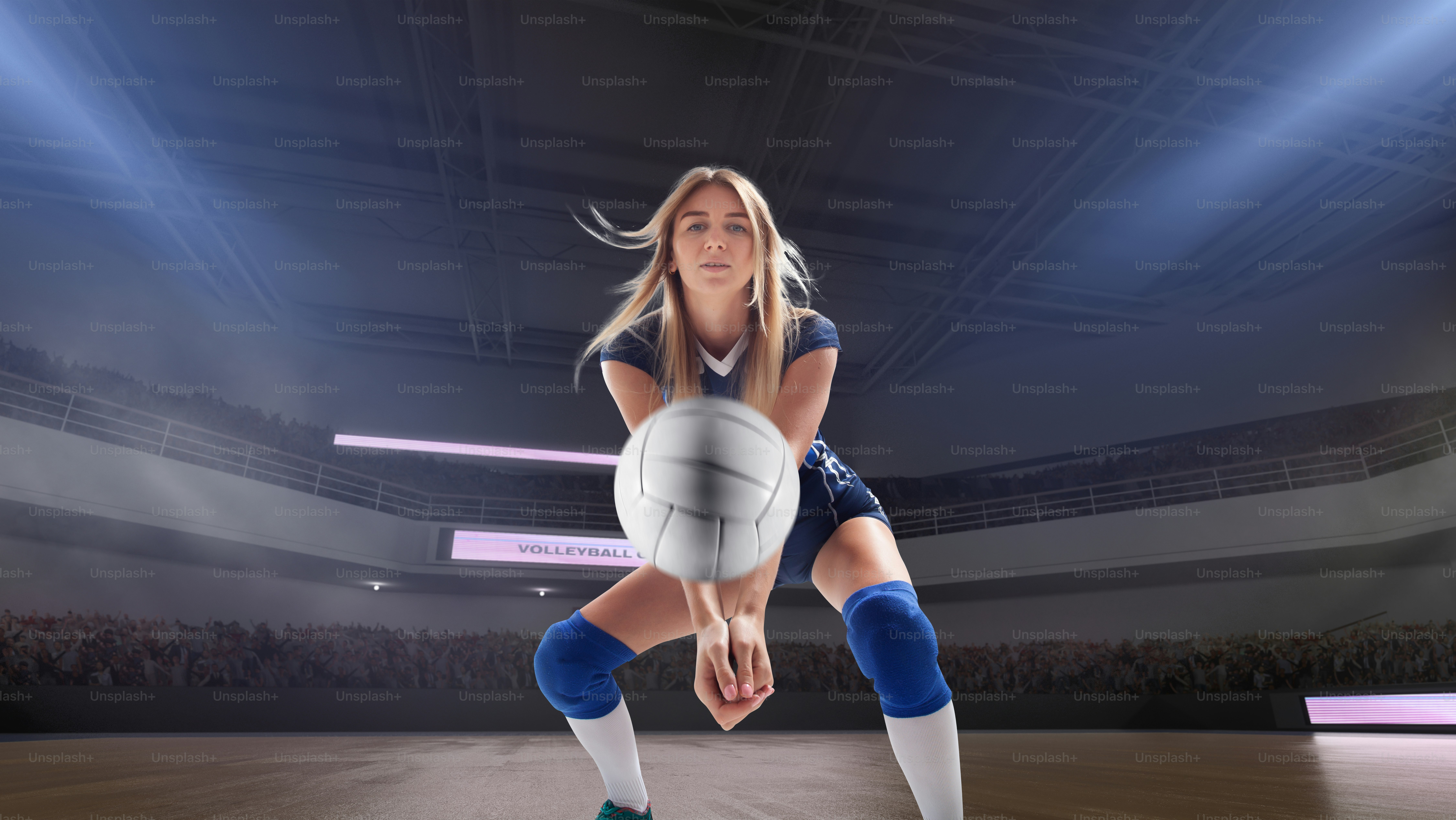 Female professional volleyball players in action on 3d stadium. photo ...