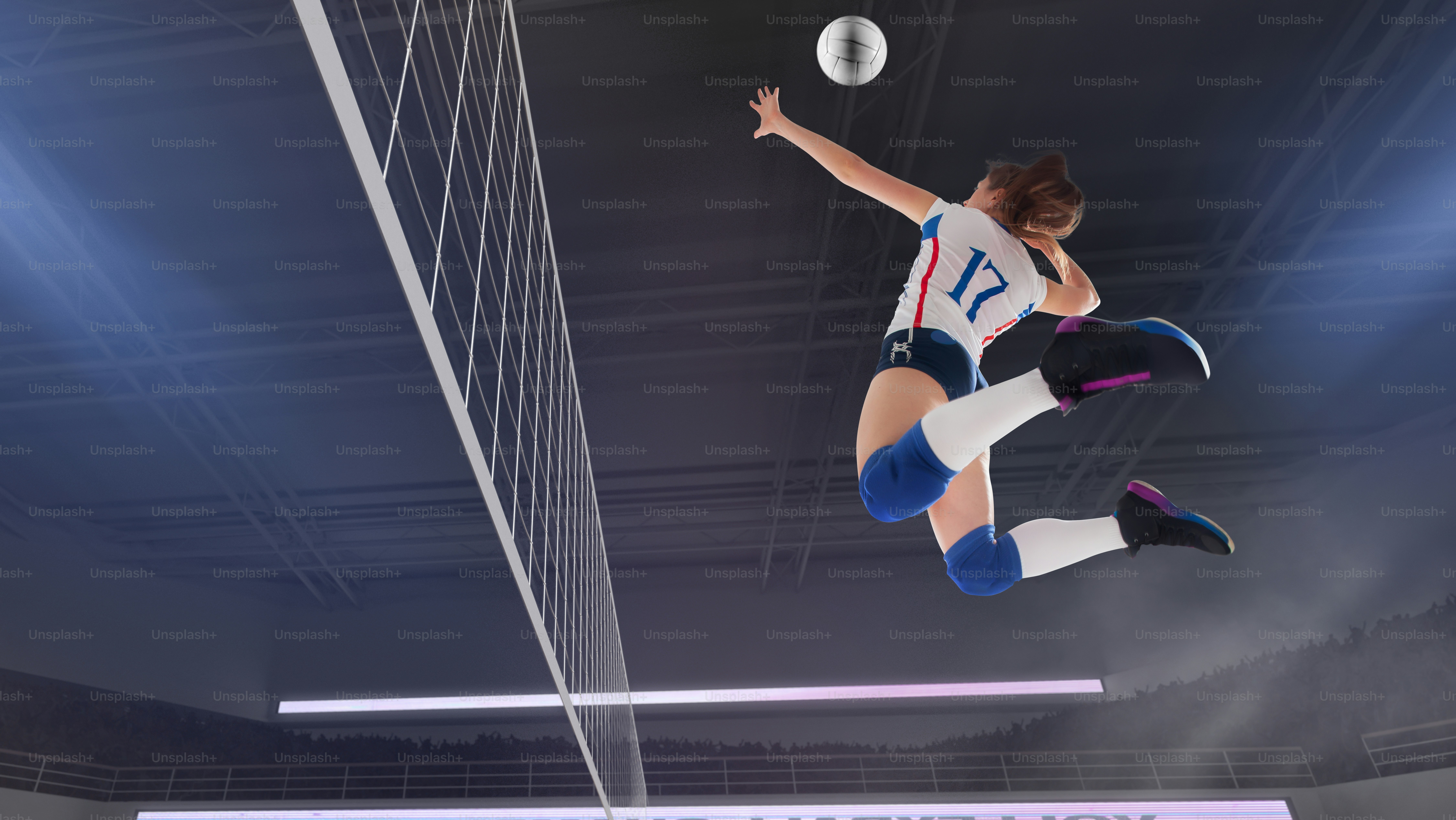 Female professional volleyball players in action on 3d stadium. photo ...