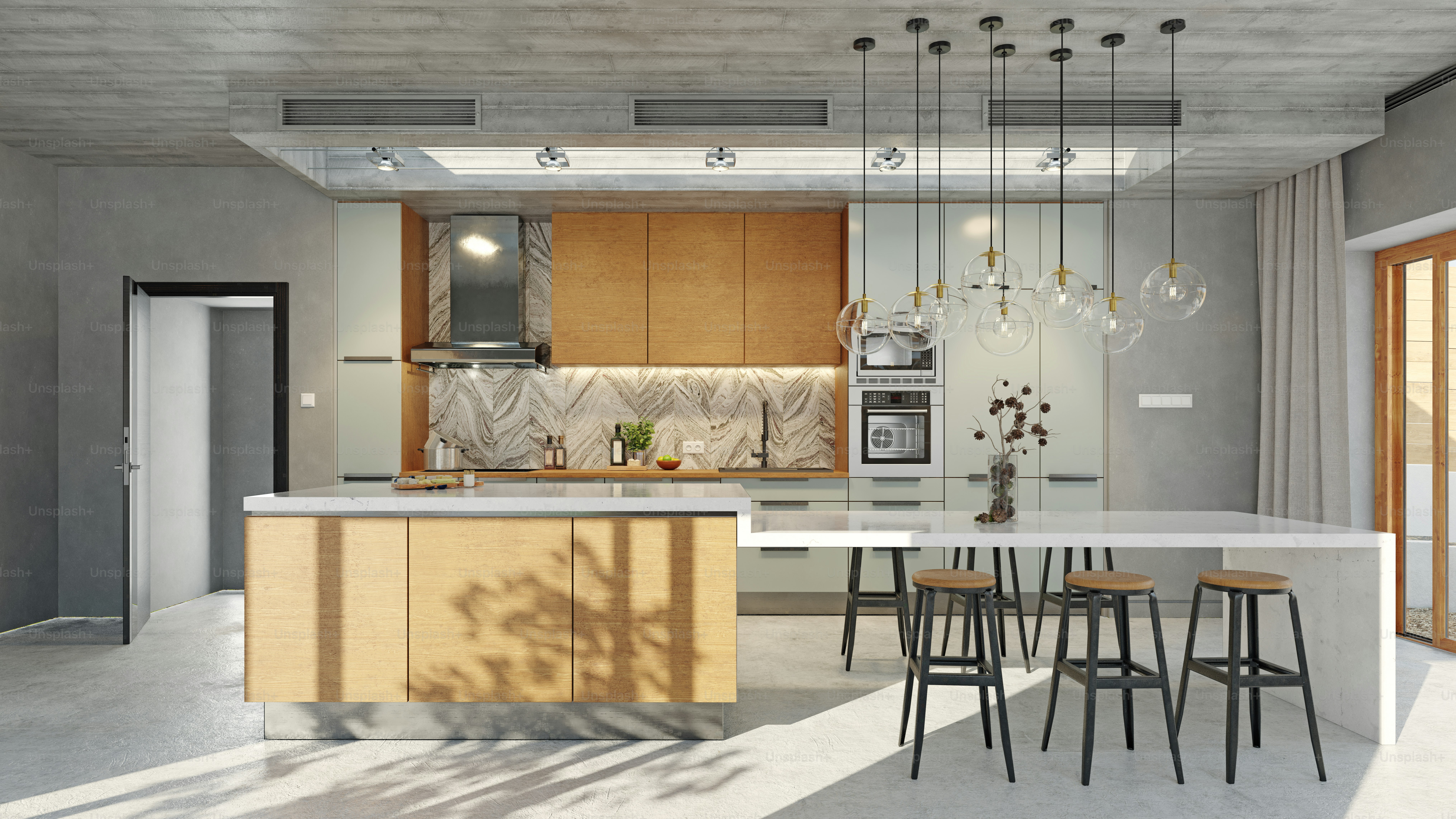 Modern loft style kitchen interior. 3d rendering design concept photo ...