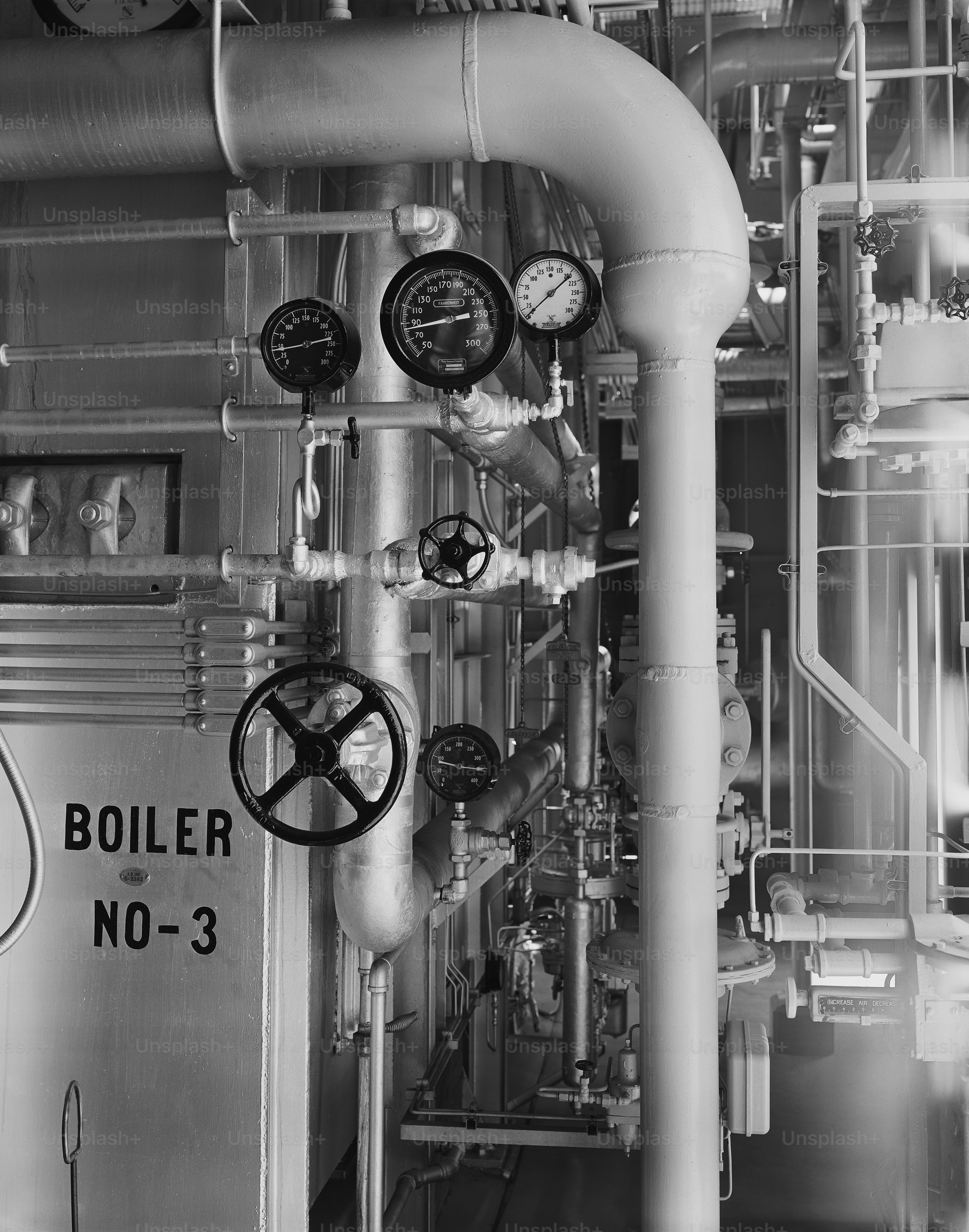 A black and white photo of pipes and gauges photo – Pressure gauge ...