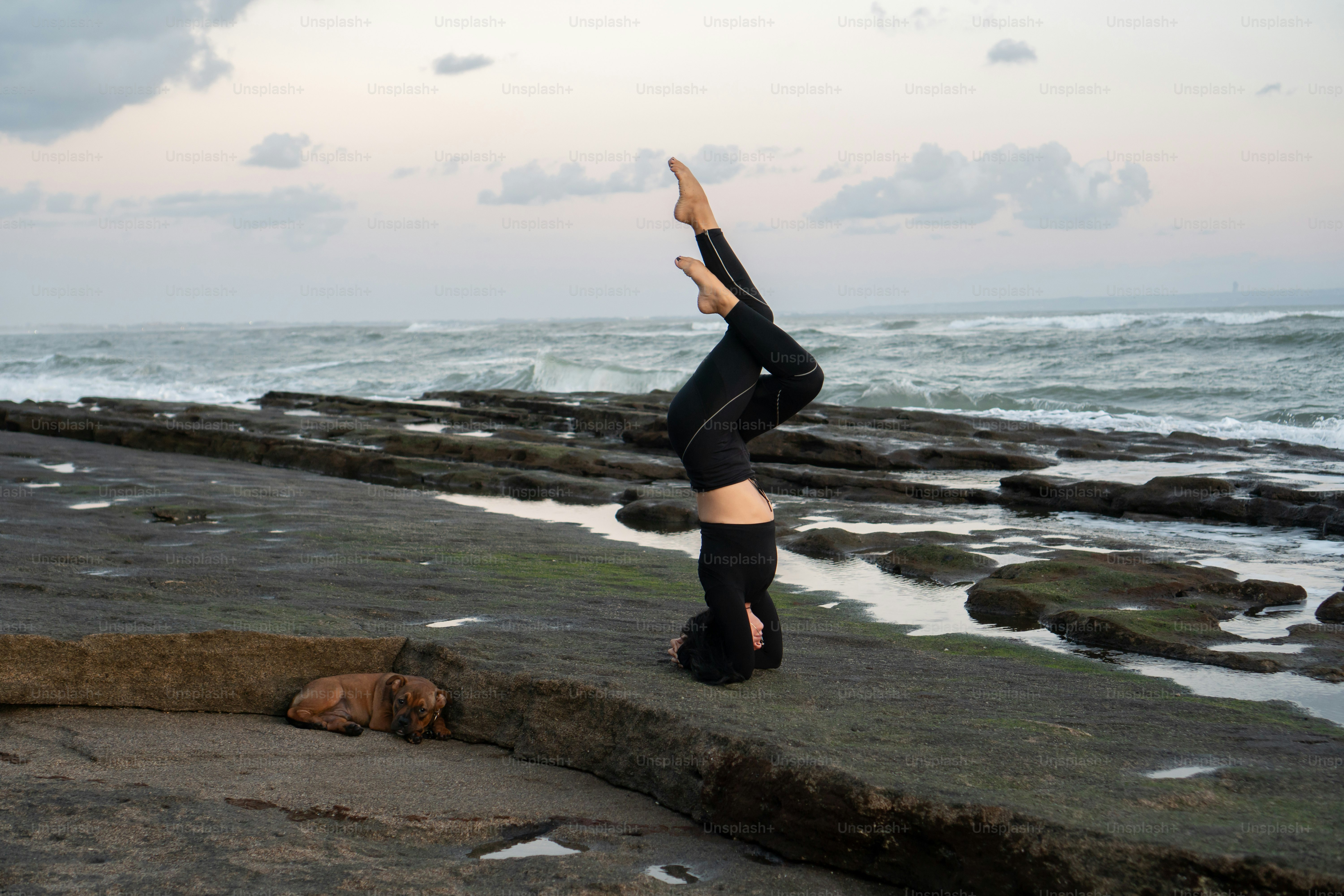 A woman doing a handstand in front of the ocean photo – Yoga Image on ...