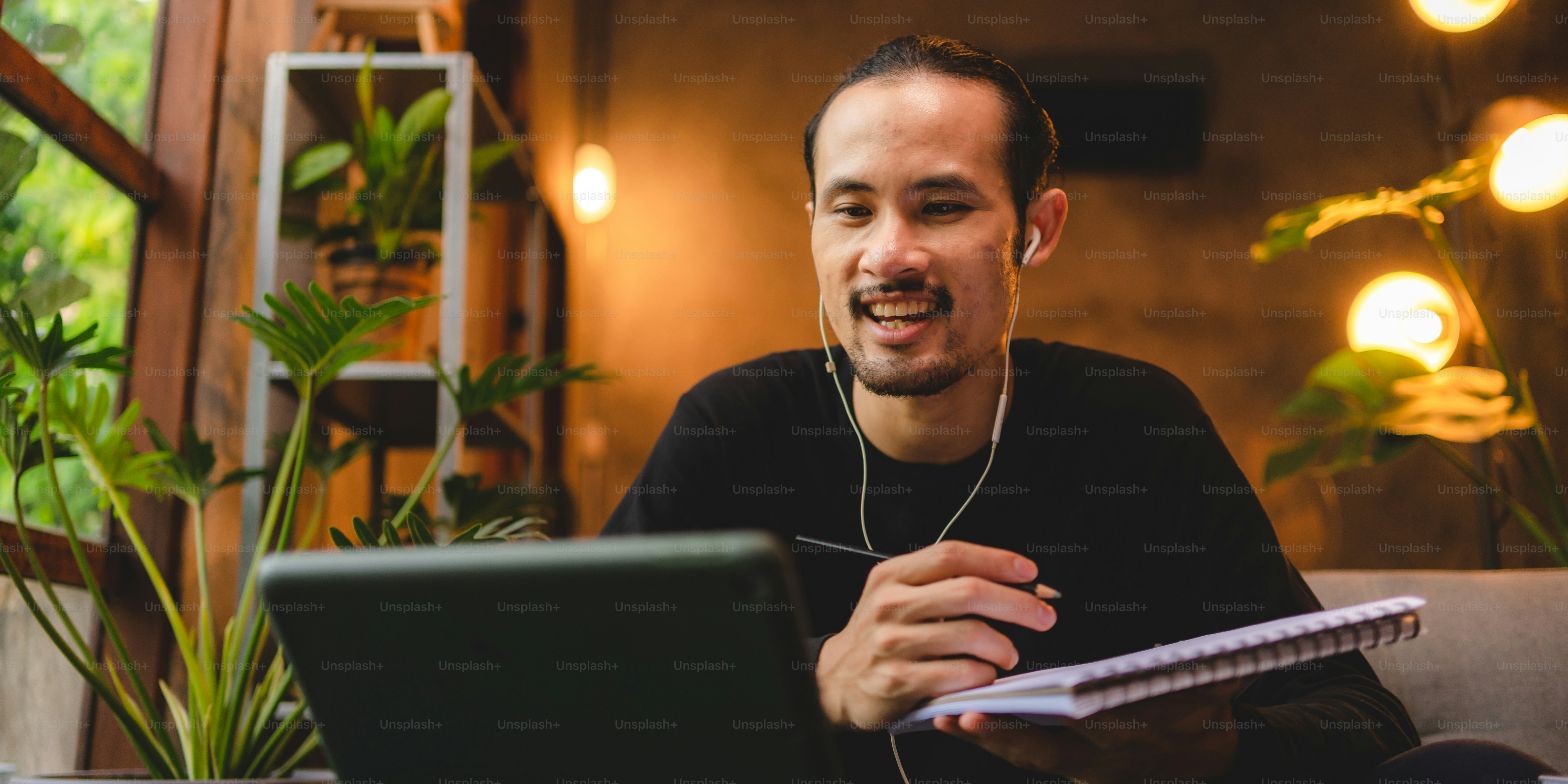 Hipster man or businessman working with digital communication video ...