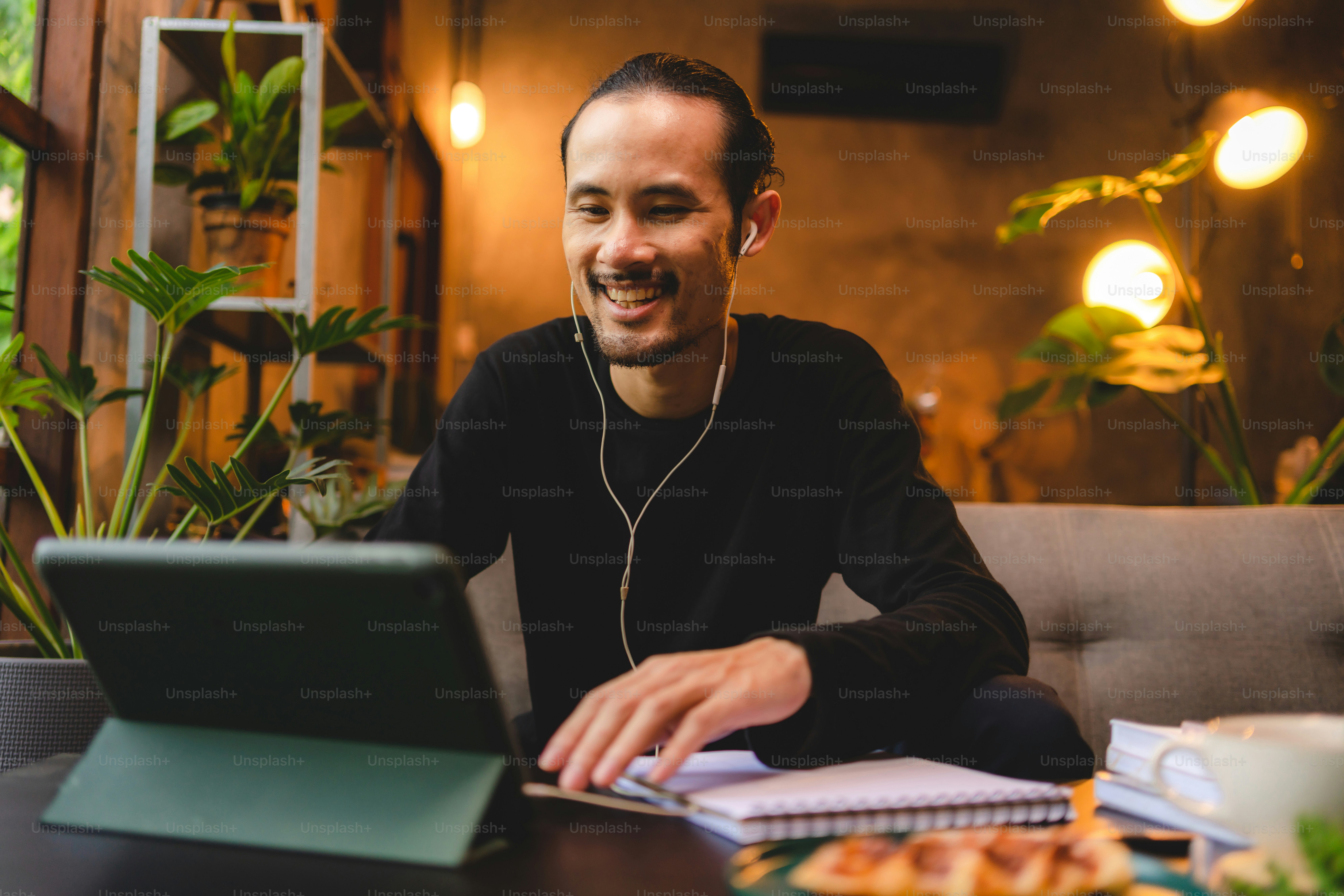 Hipster man or businessman working with digital communication video ...