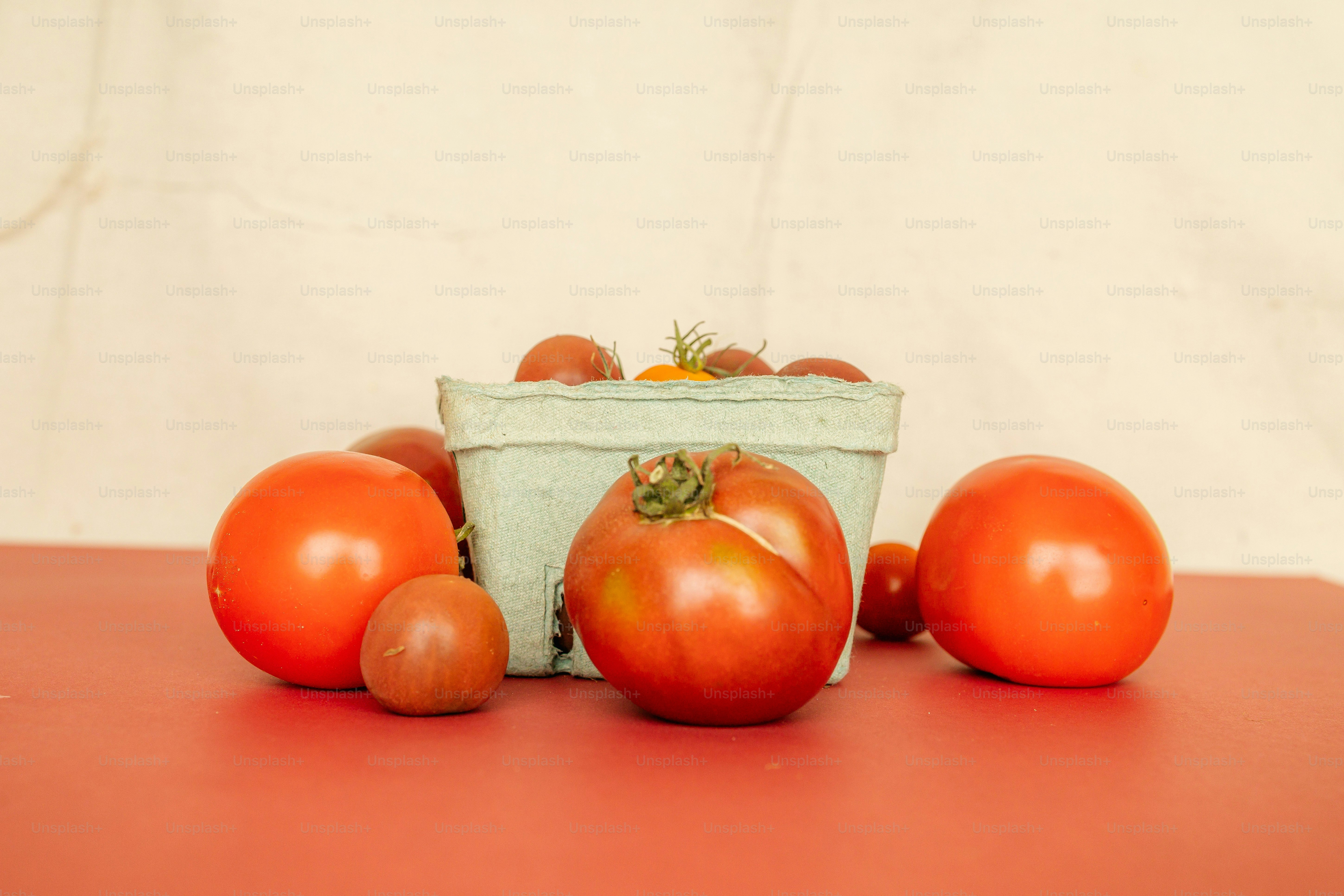 Um grupo de tomates sentados em cima de uma mesa foto – Imagem sobre ...