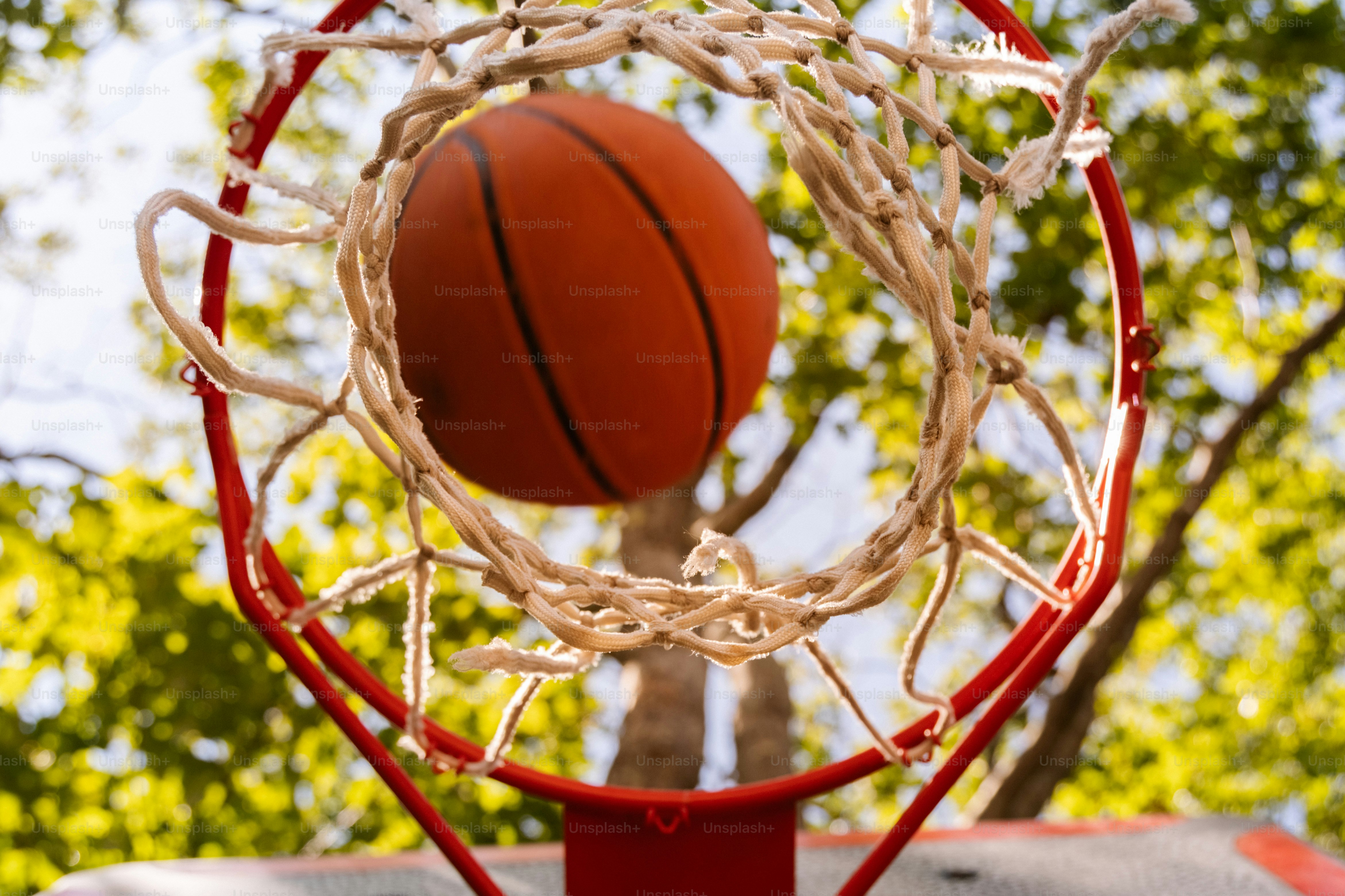 A basketball going through a hoop with a tree in the background photo ...