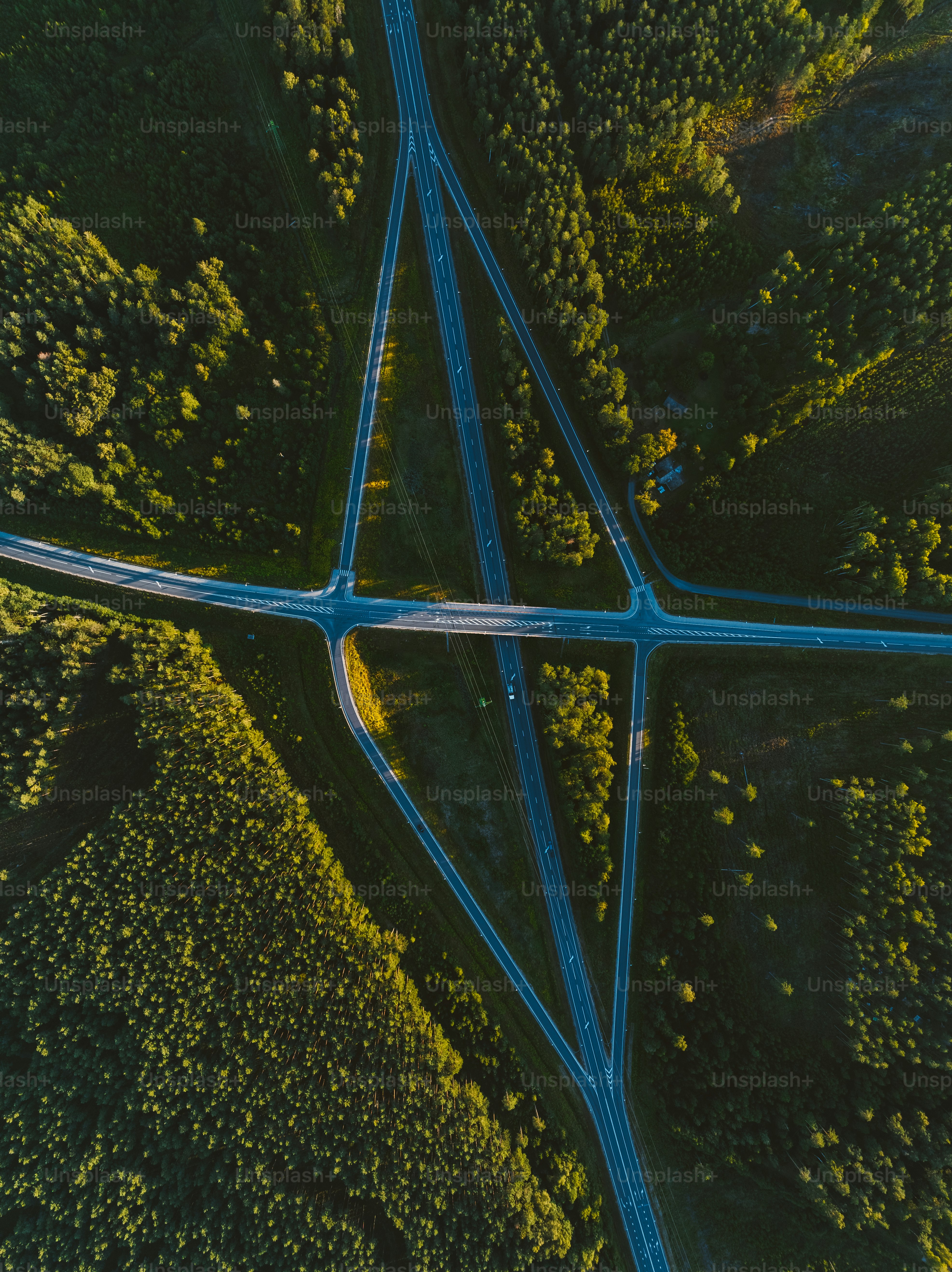 Une vue aérienne d’une intersection routière au milieu d’une forêt ...