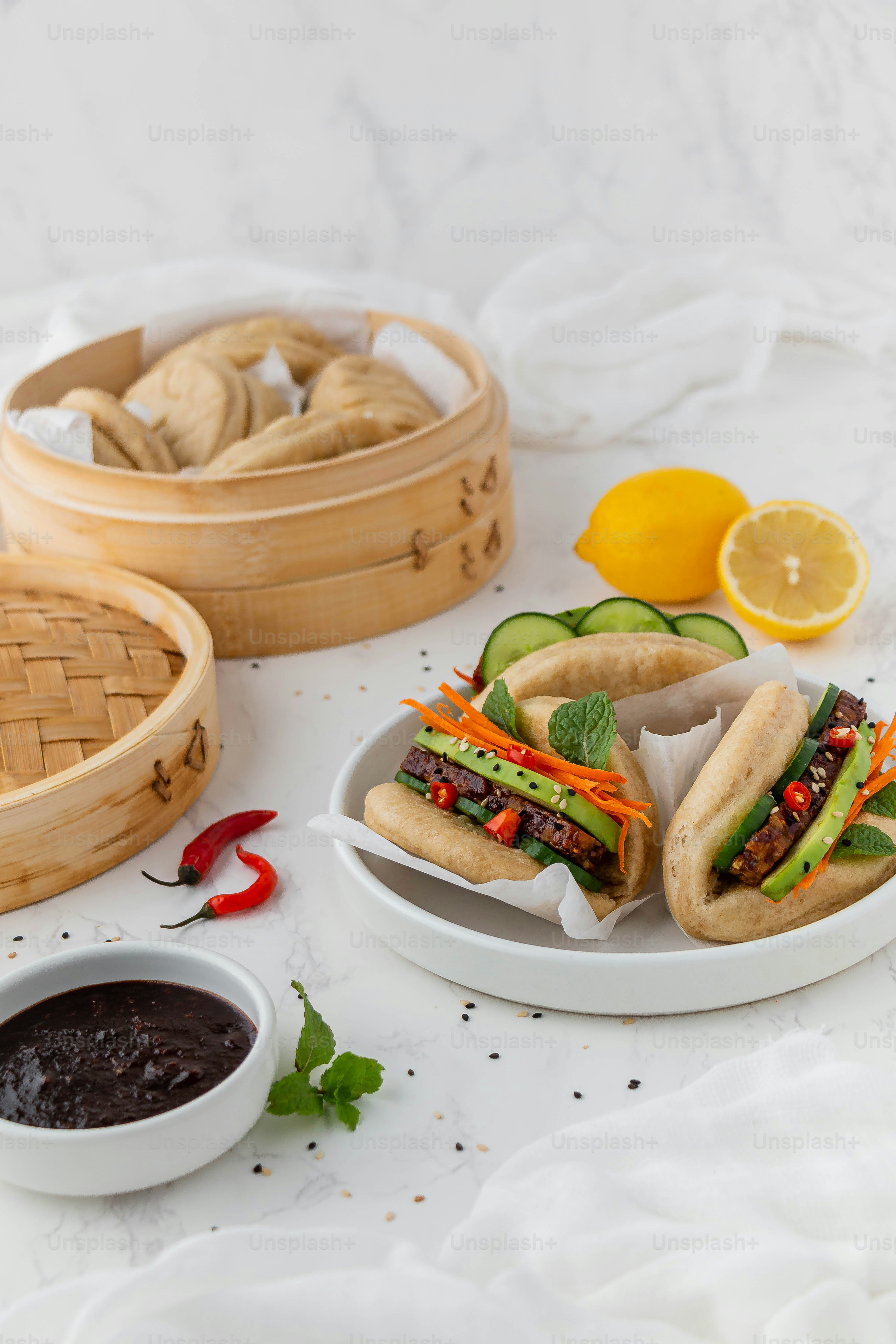 A couple of plates that have some food on them photo – Vegetarian Image ...