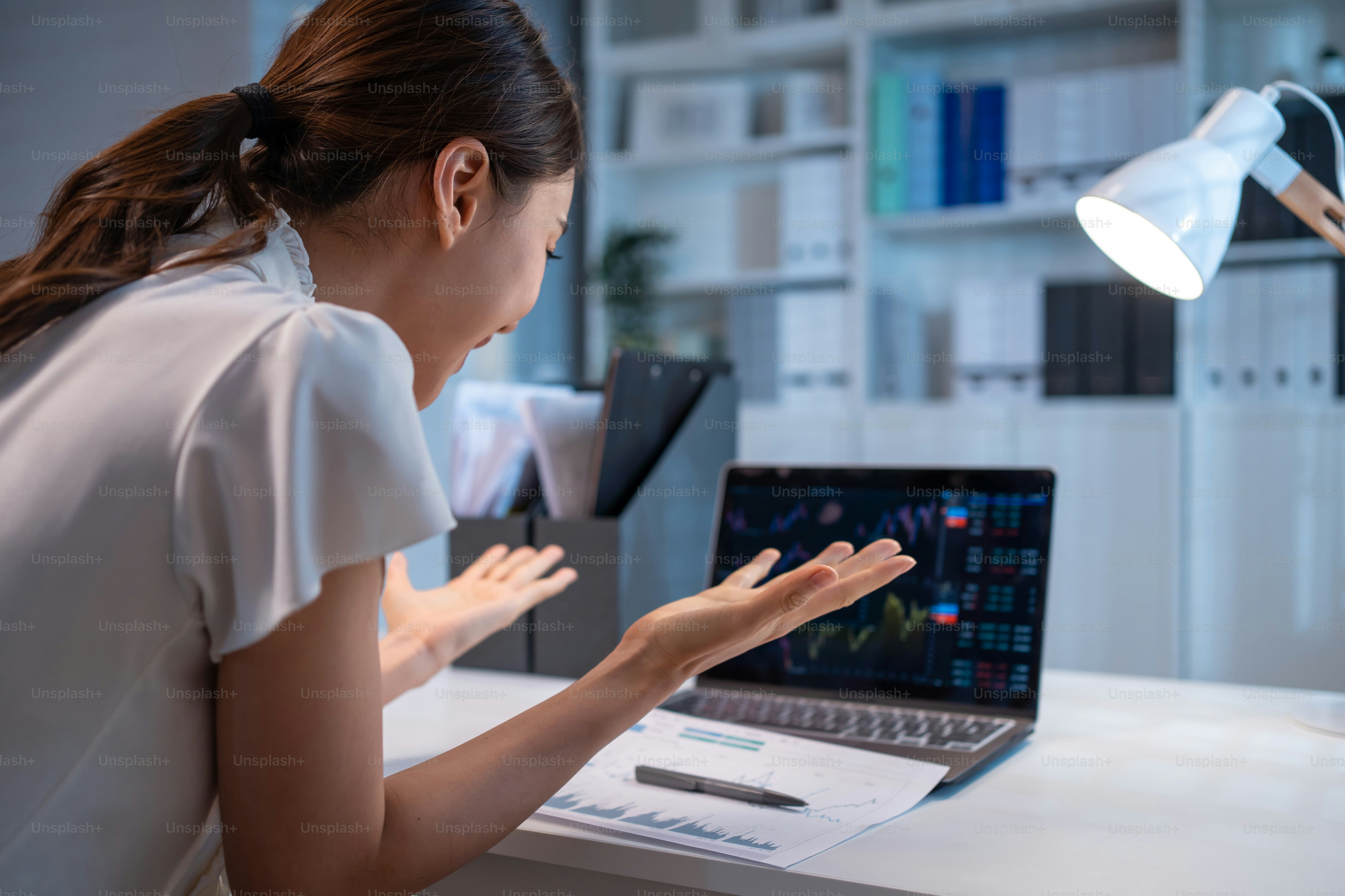 Asian upset broker trader feel frustrated for investment stock market ...