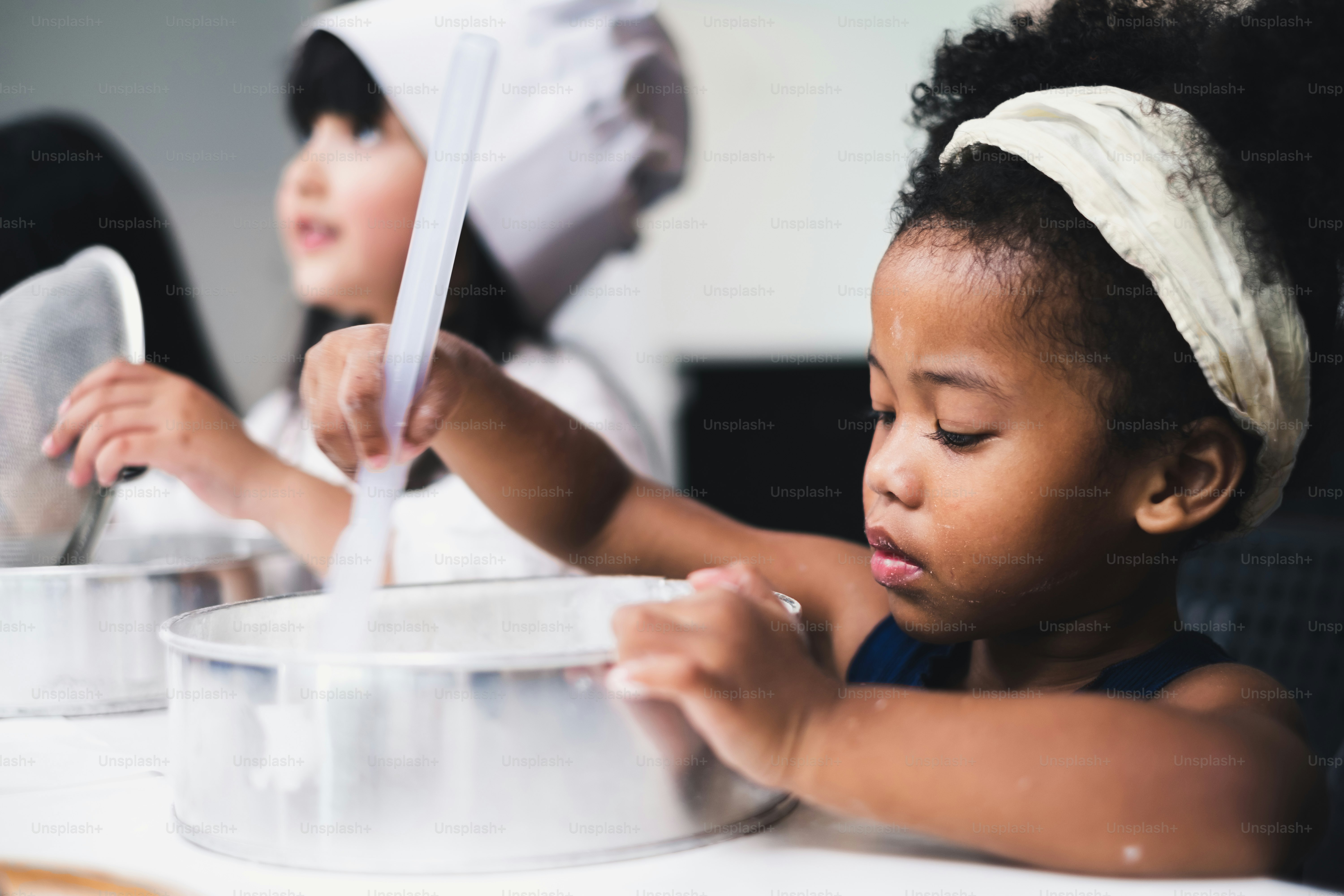 Group diversity kids girl making cake bakery in kitchen photo – Dough ...