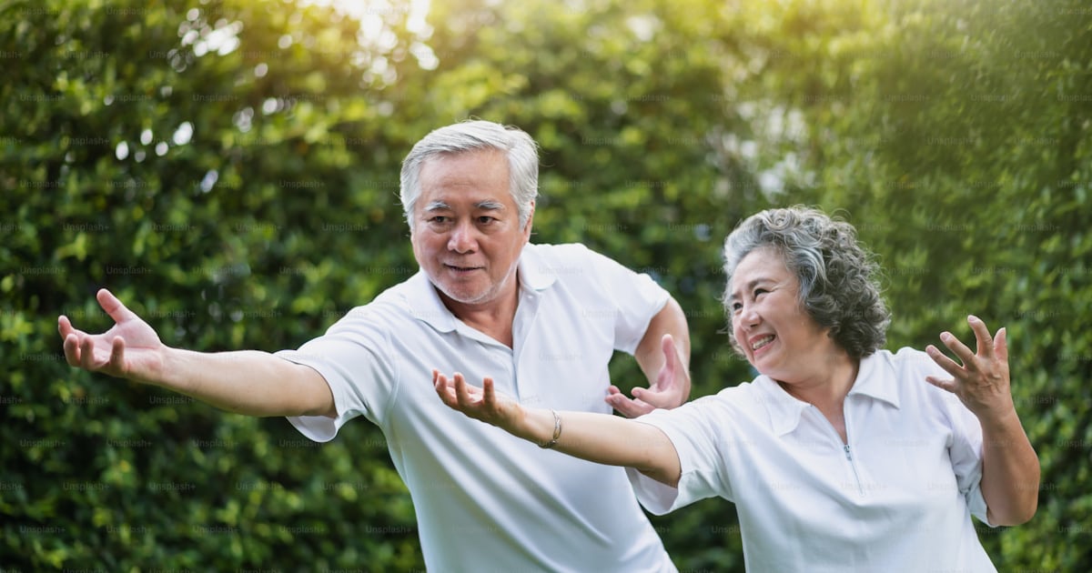 Pareja Asiática Practicando Tai Chi En El Parque Juntos Conceptos Saludables De Entrenamiento