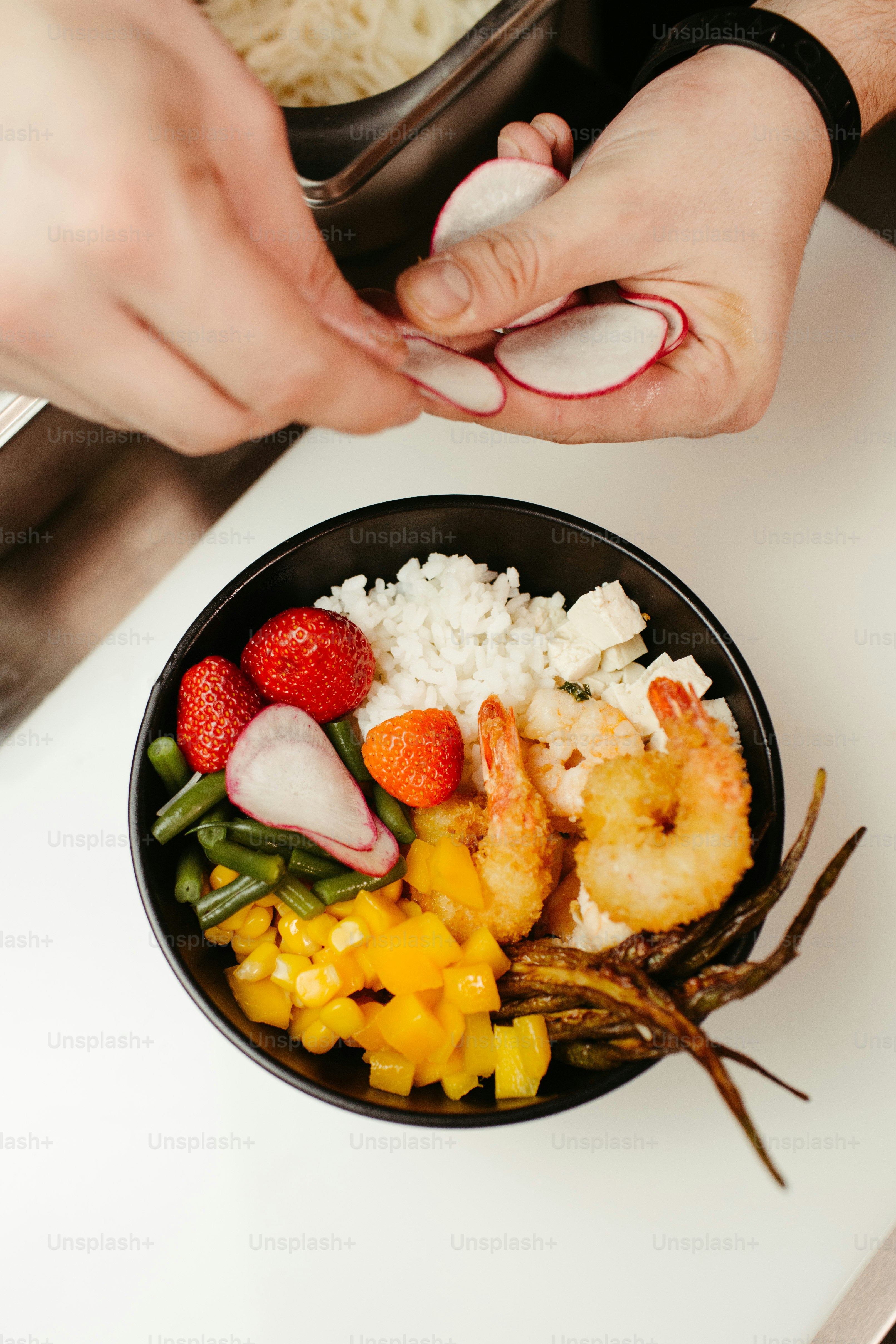 A bowl of food with shrimp, rice, and fruit photo – Dinner Image on ...