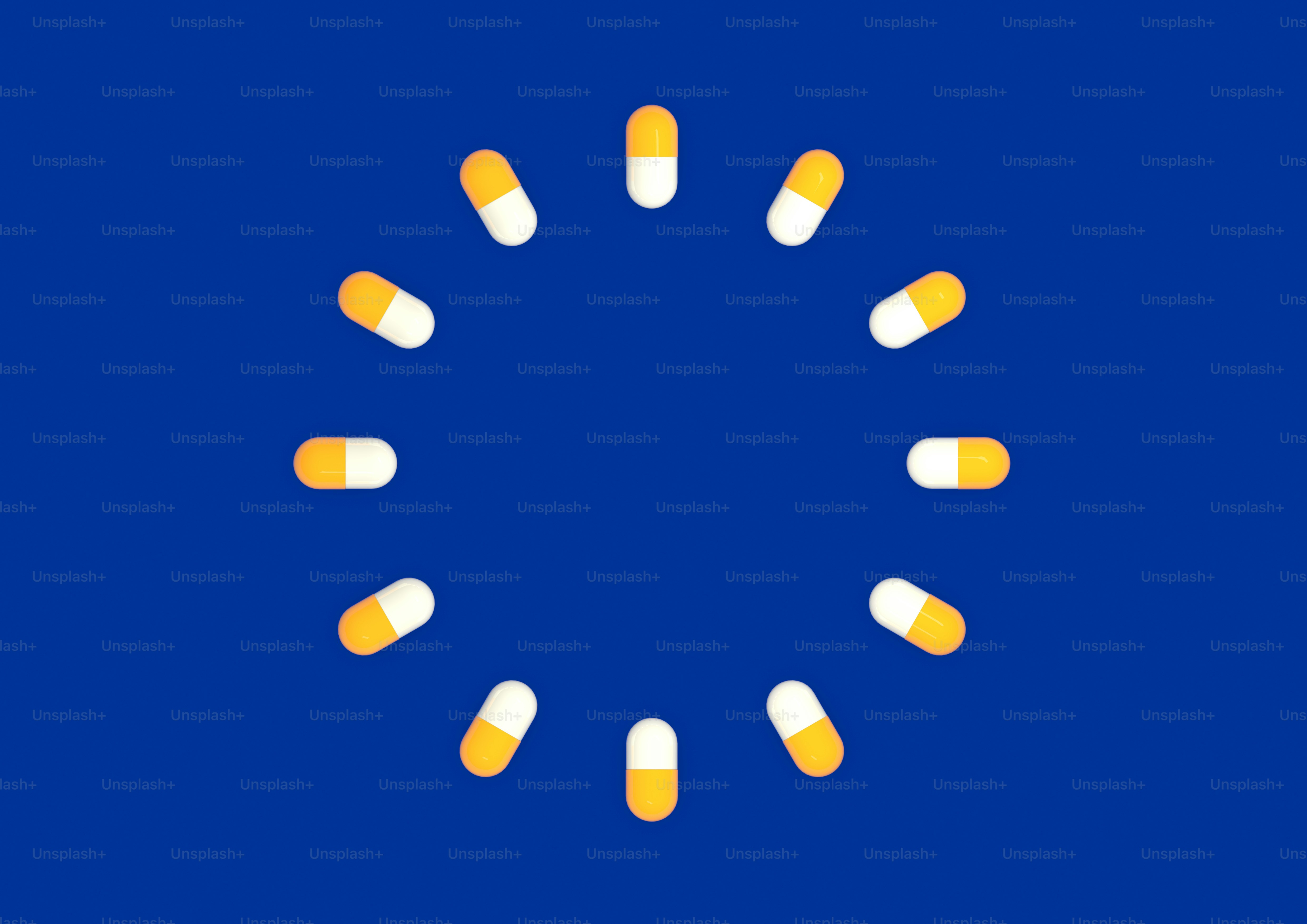 A circle of white and orange pills on a blue background photo – Pills ...