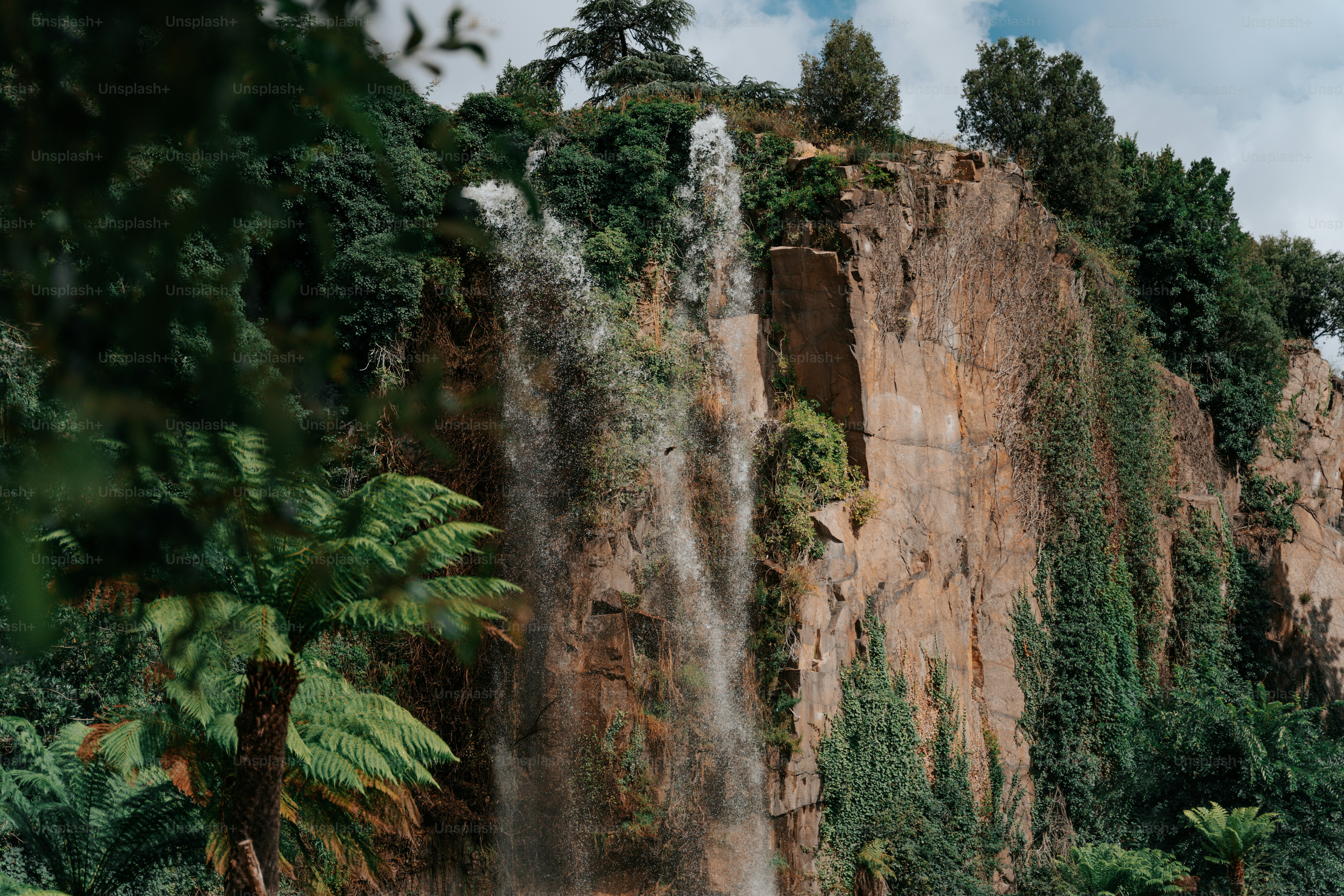 A very tall waterfall in the middle of a forest photo – Wallpaper Image ...
