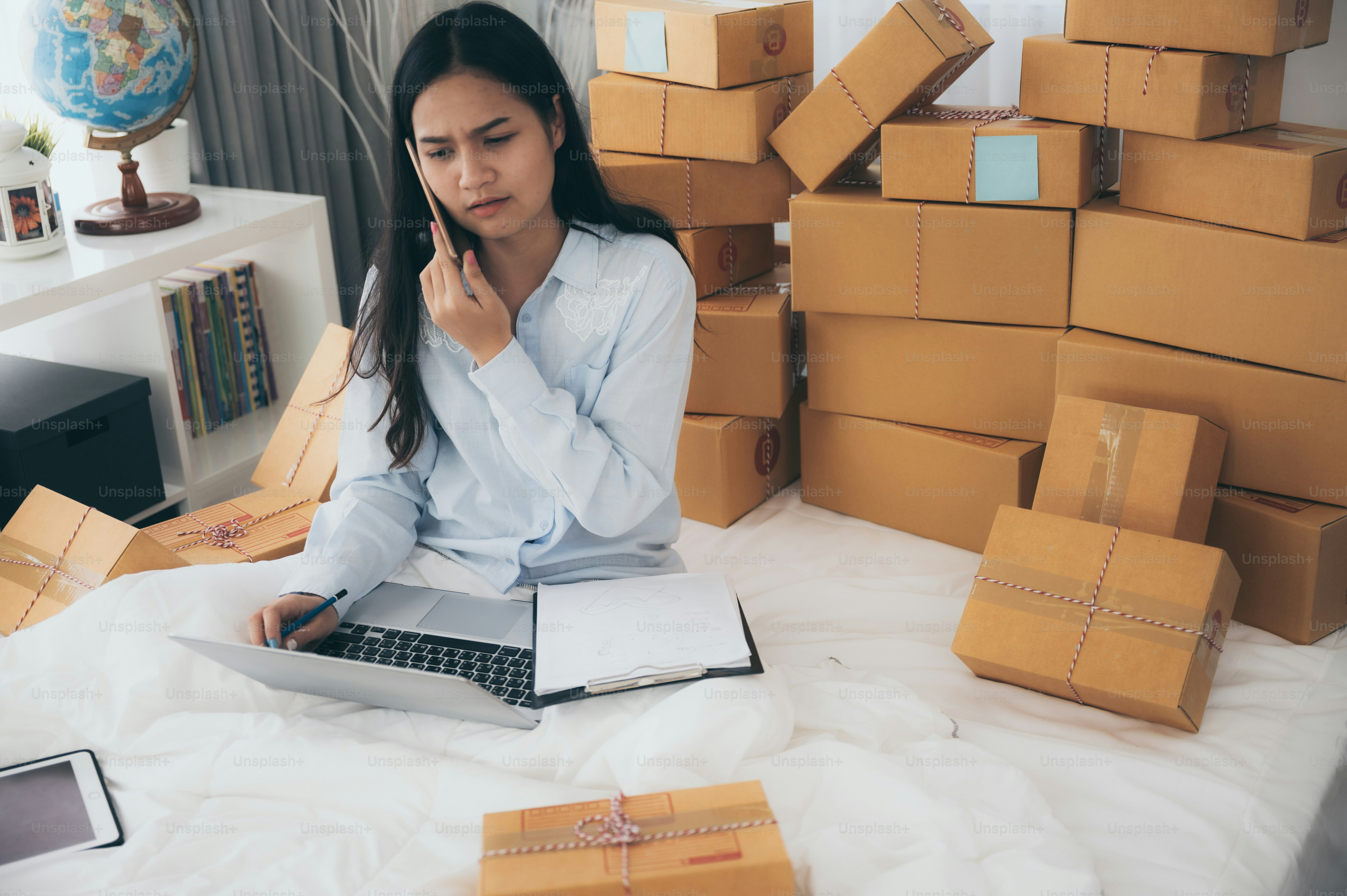 Coronavirus effect. Business people working from home and using self ...