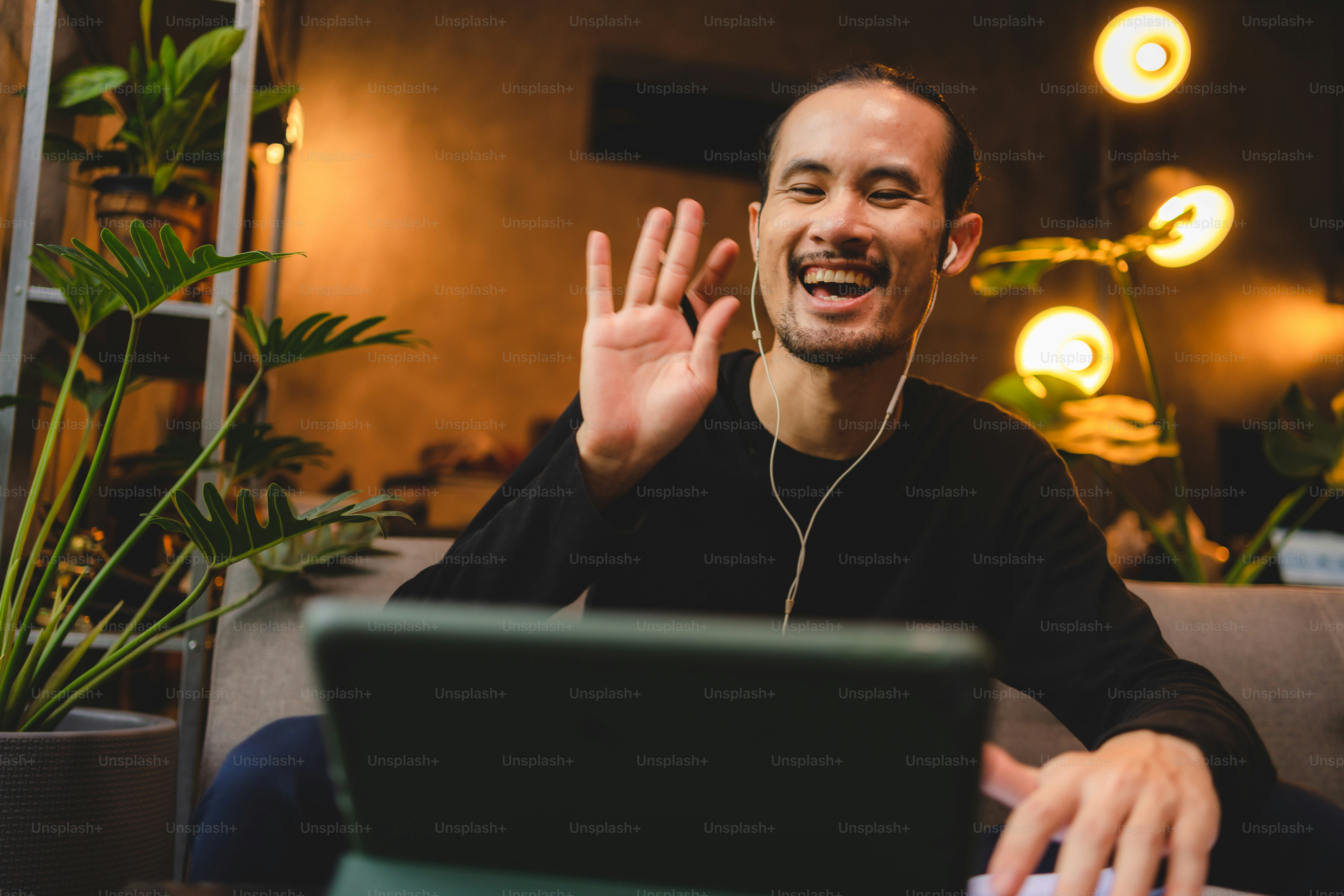 Hipster man or businessman working with digital communication video ...