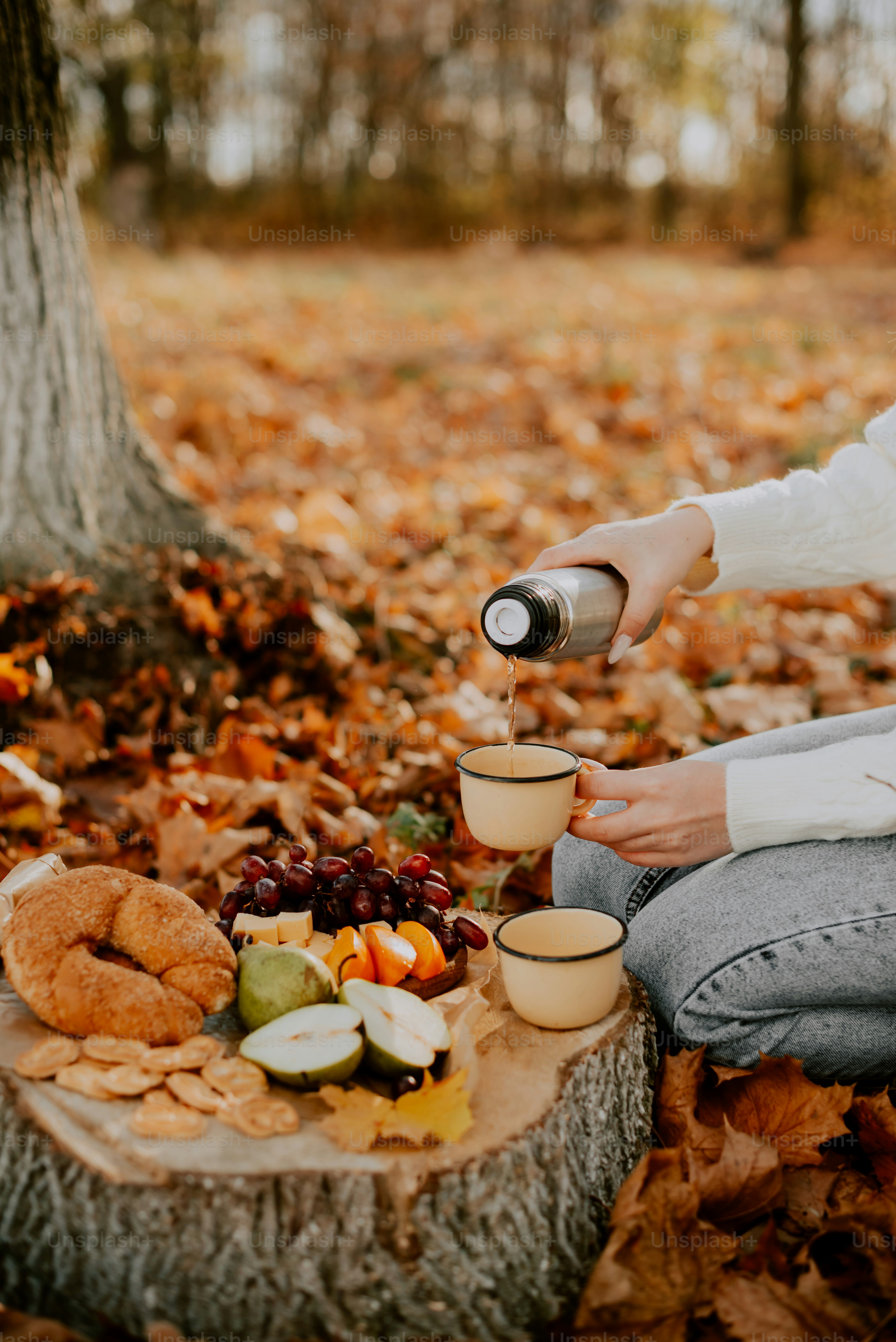 A person pouring tea into two cups on a tree stump photo – Tea Image on ...
