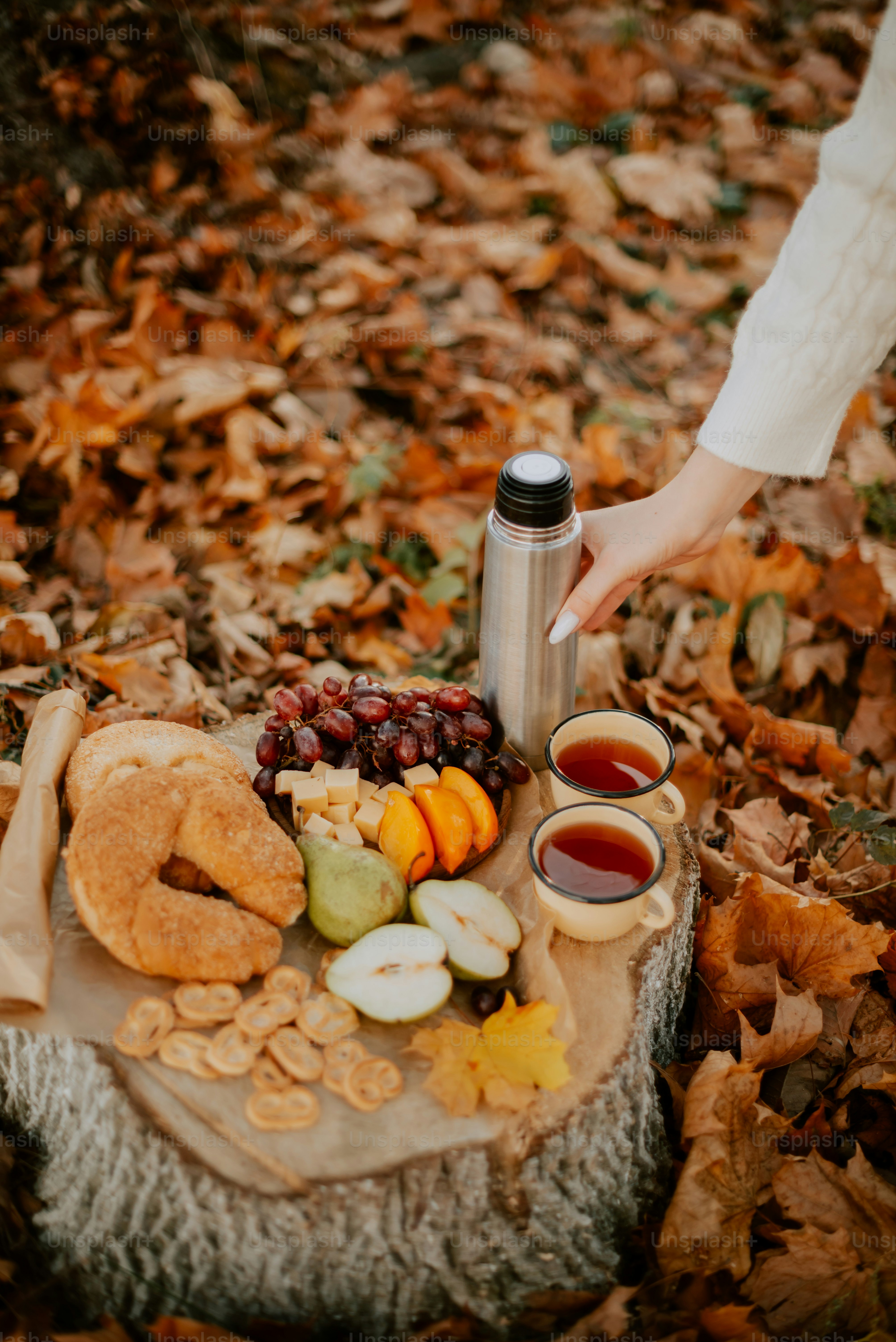 A person pouring tea into two cups on a tree stump photo – Cup of tea ...