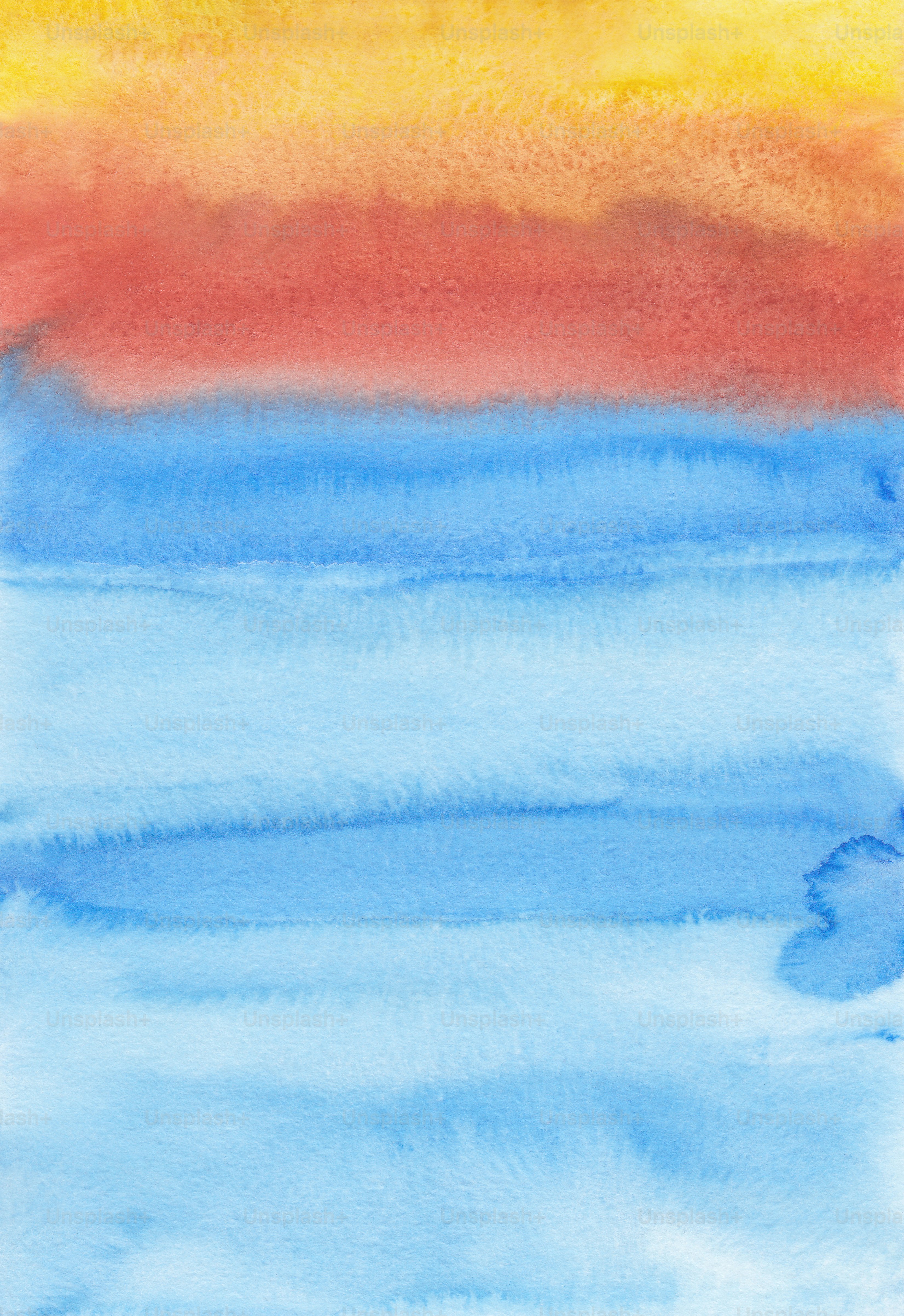 A watercolor painting of different shades of blue, orange, and yellow ...