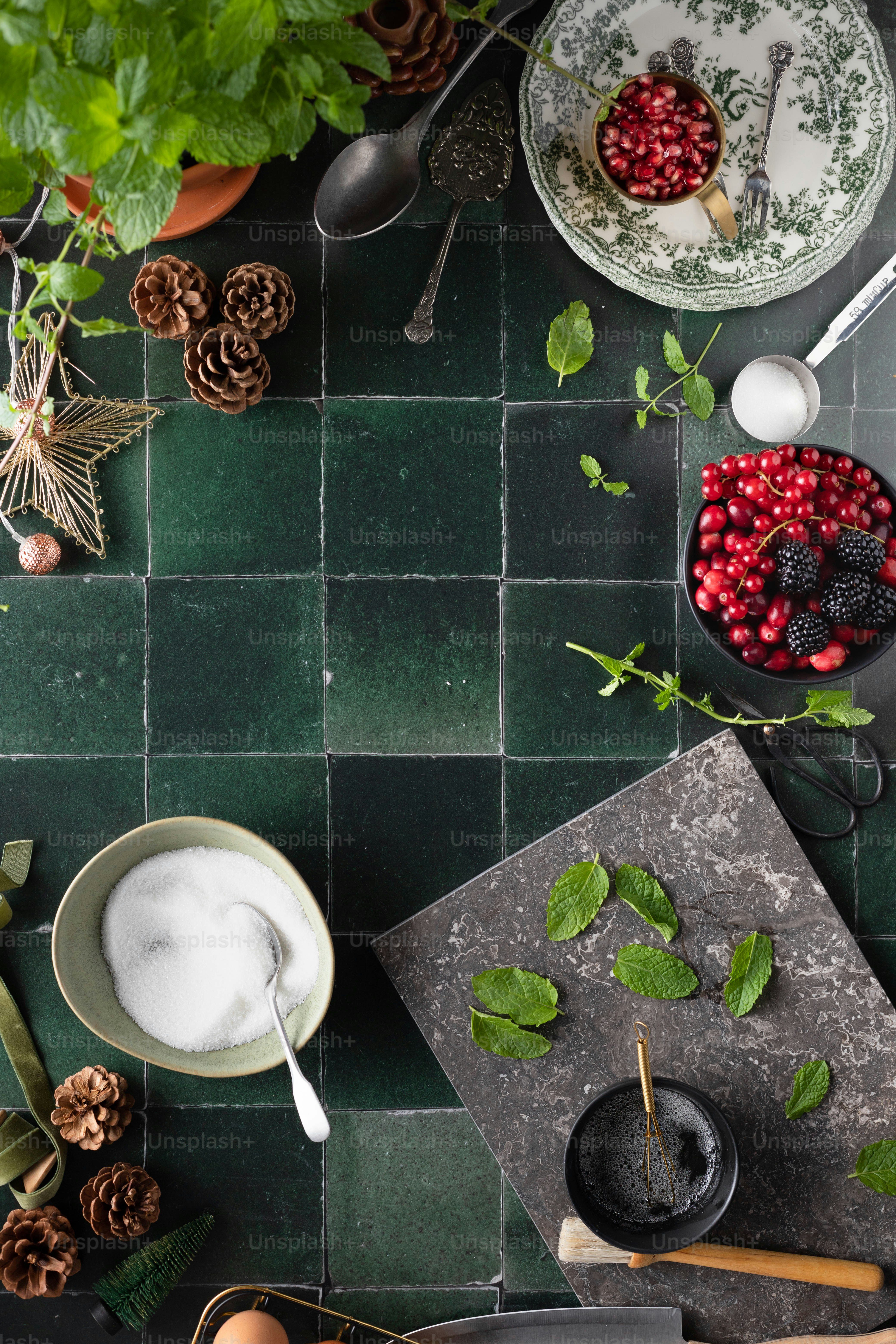 A kitchen counter with a bowl of yogurt and a bowl of berries photo ...