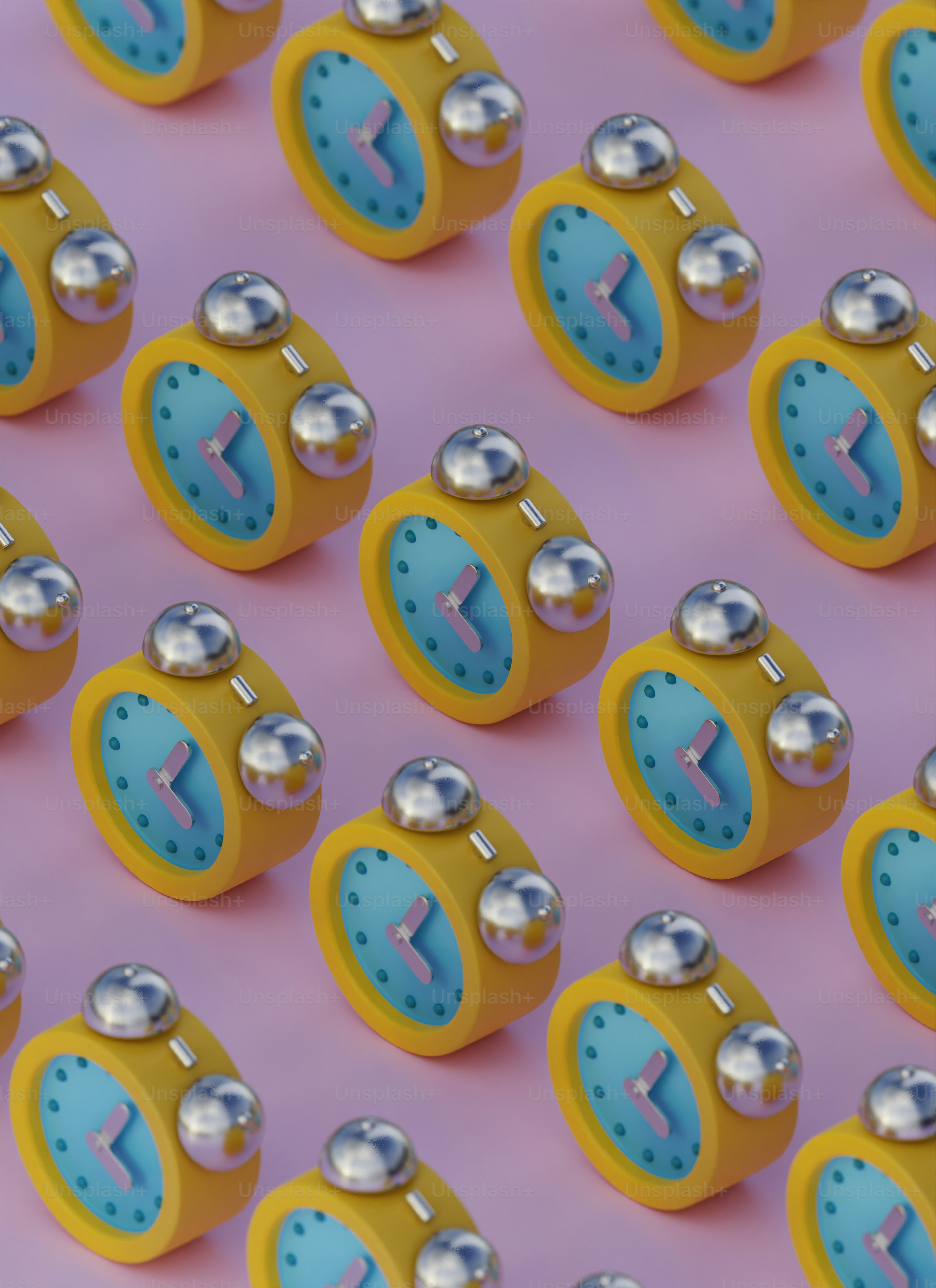 A group of yellow and blue clocks sitting on top of each other photo ...