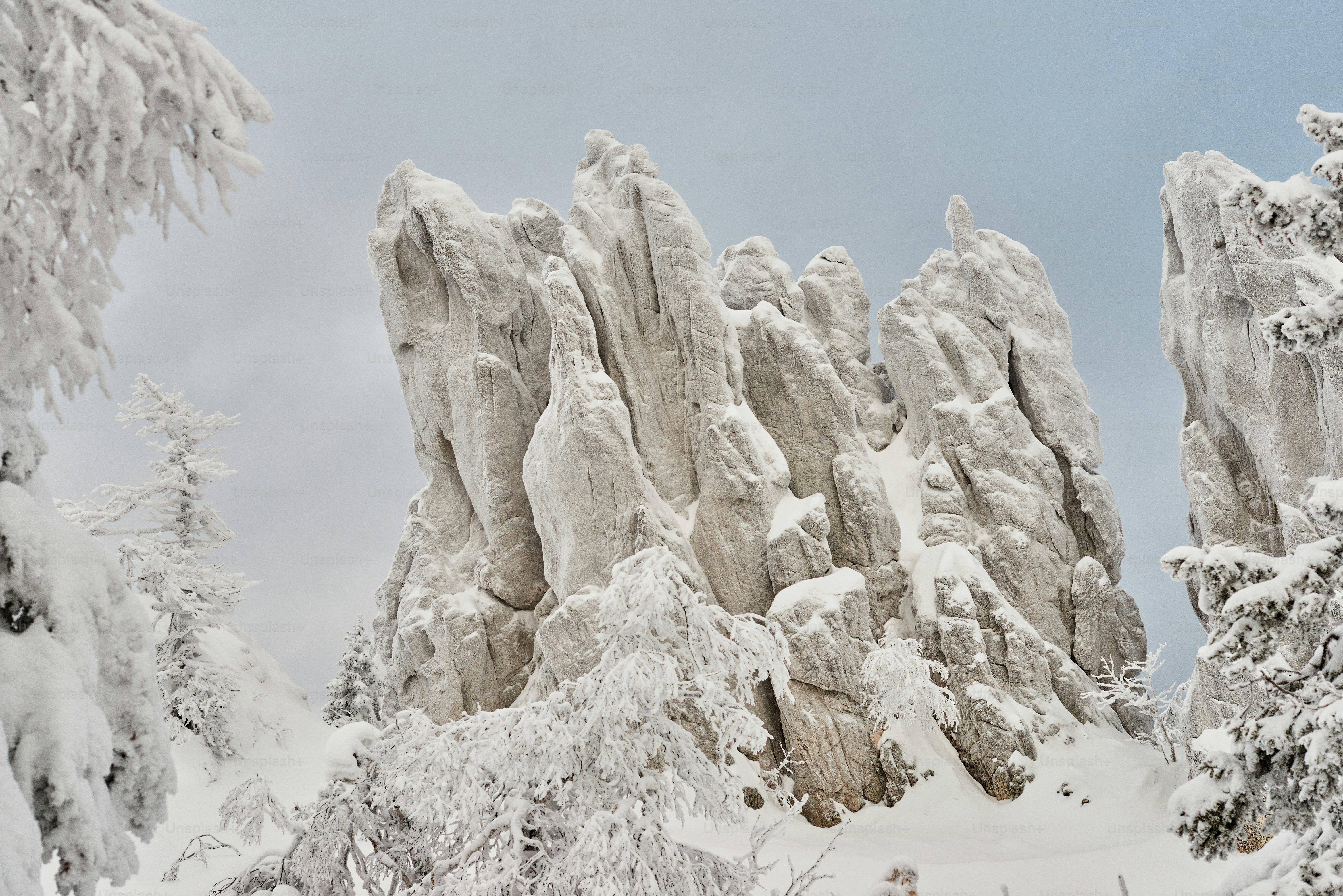 A snow covered mountain with trees in the foreground photo – Taganay ...