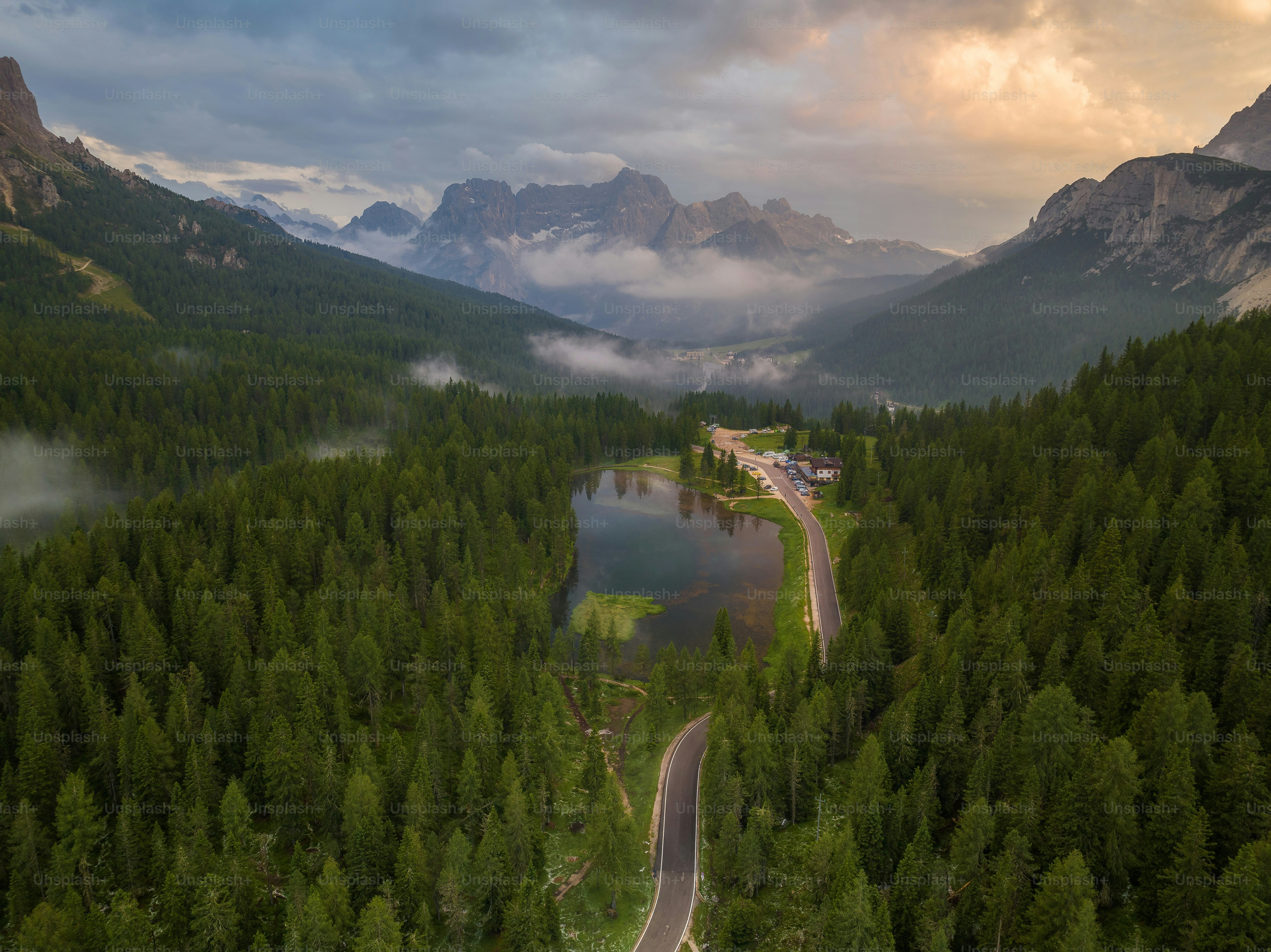 An aerial view of a road in the middle of a forest photo – Green ...