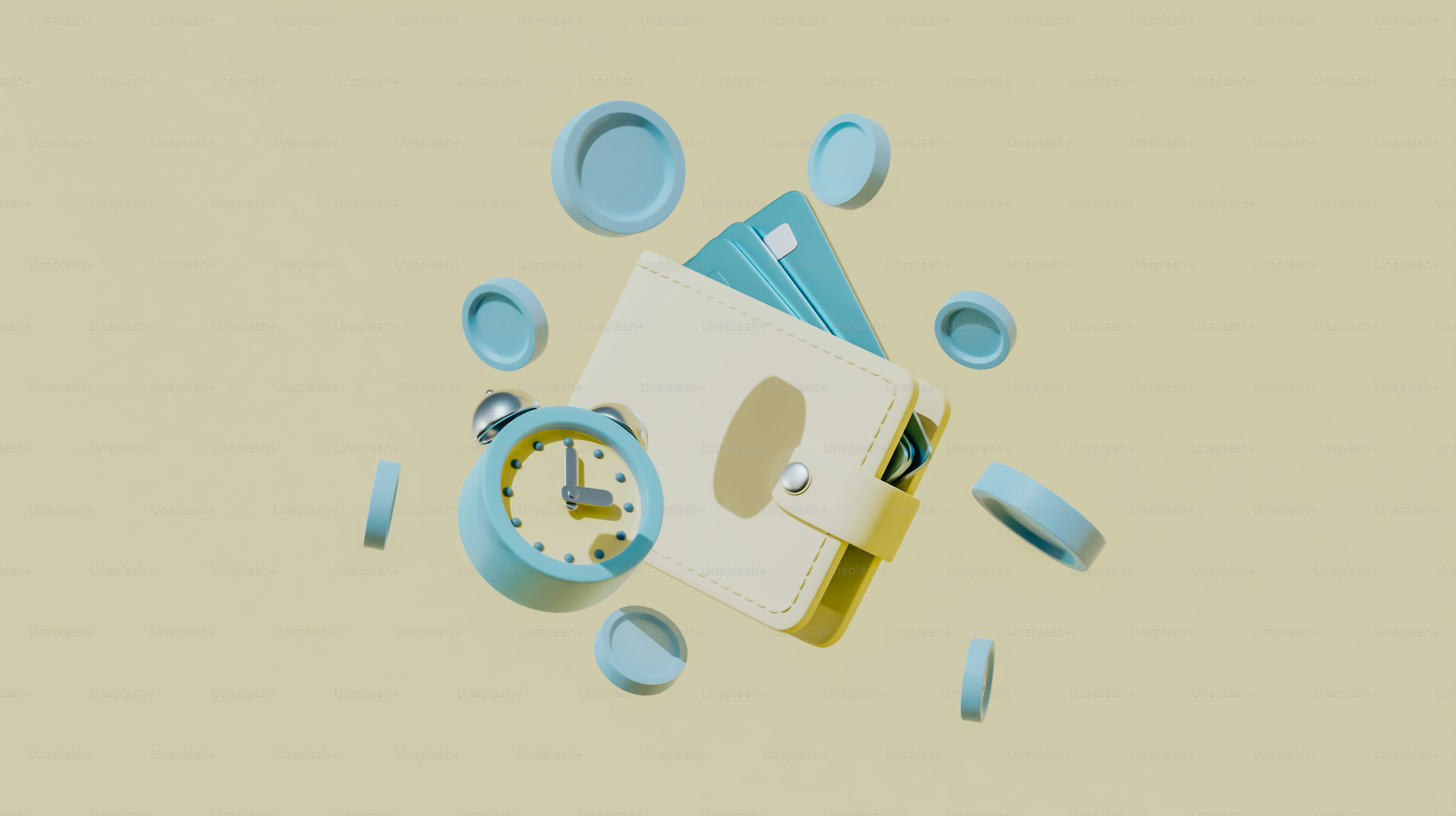 A wallet, clock, and other items on a table photo – Priorities Image on ...