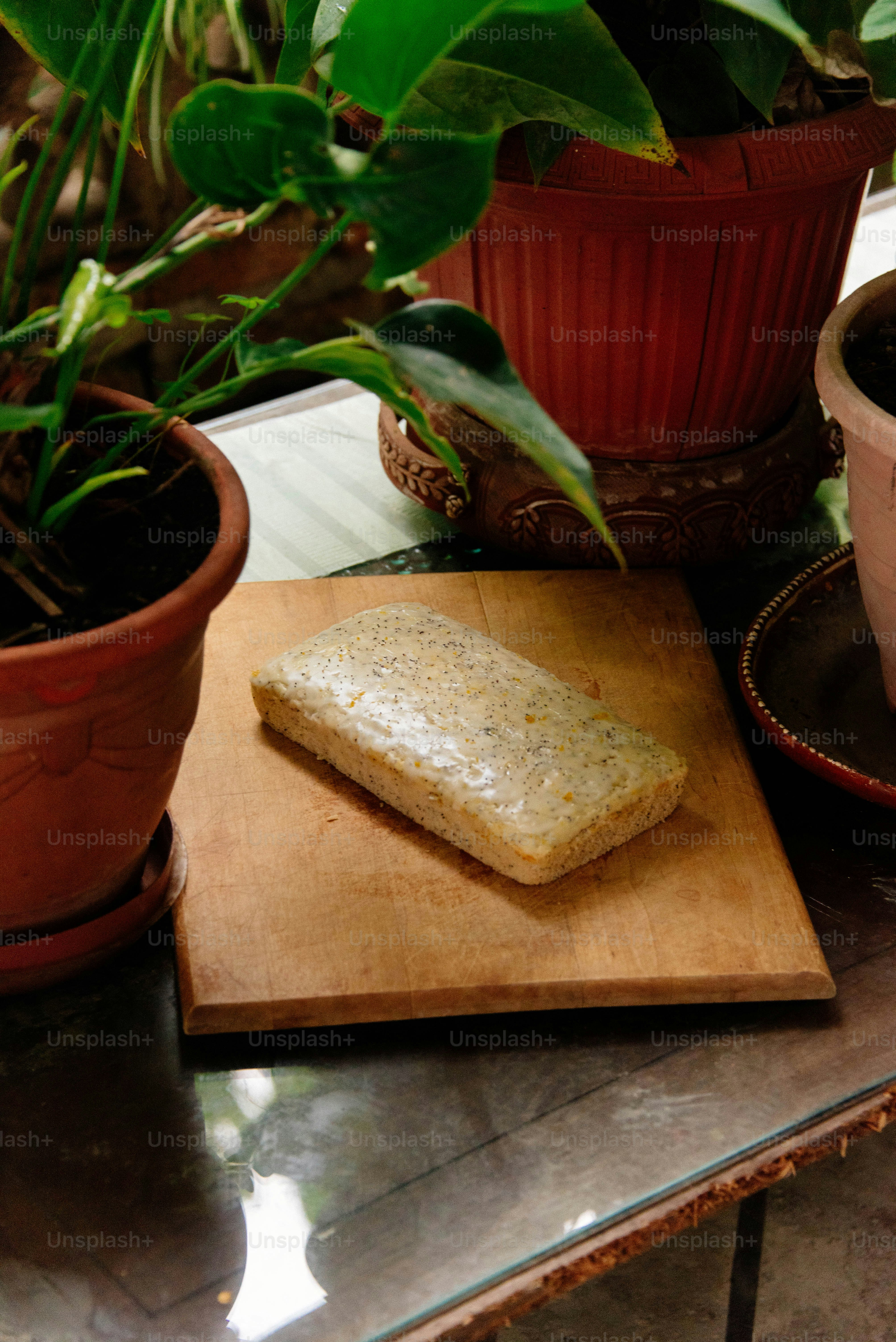 A loaf of bread on a cutting board next to potted plants photo – Food ...