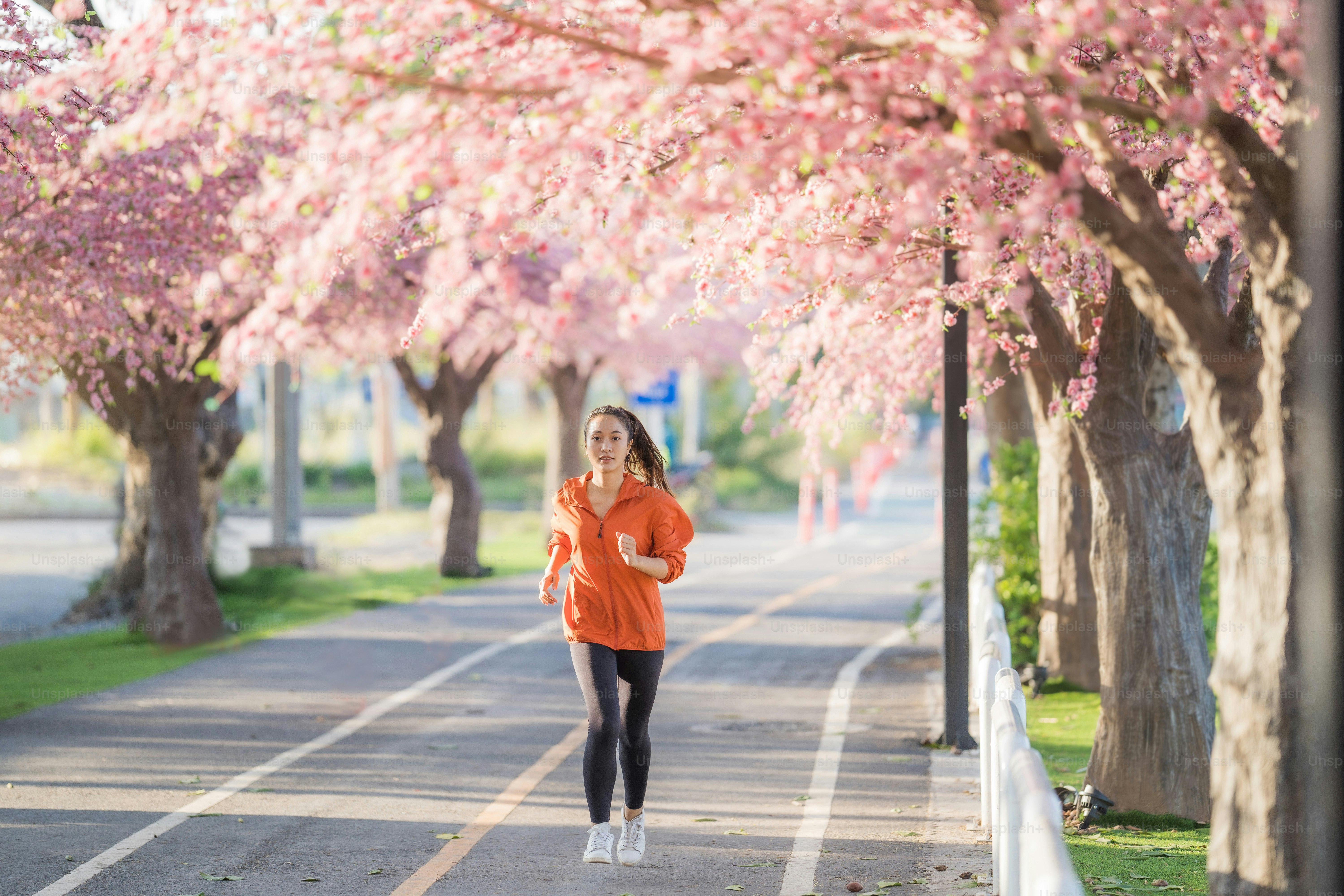 Asian woman exercise in the morning She is running at Sakura Park ...